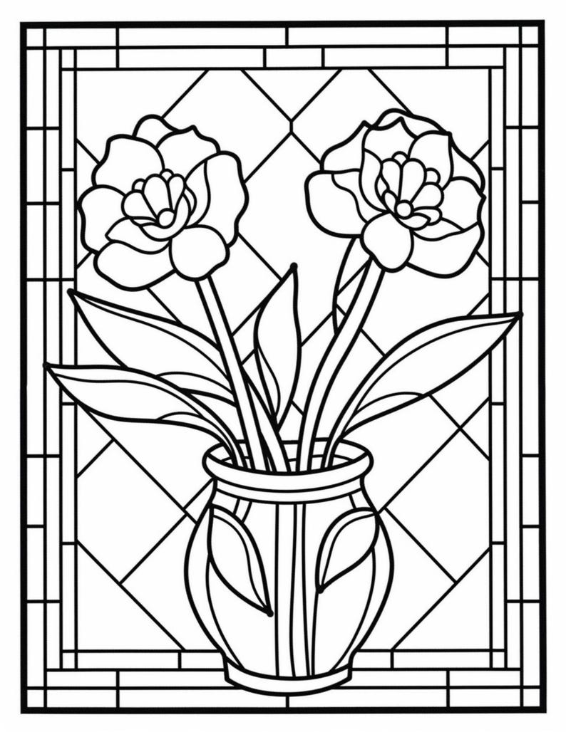 Stained Glass Flower Coloring Pages: 50 Stress Relief Designs (digital ...