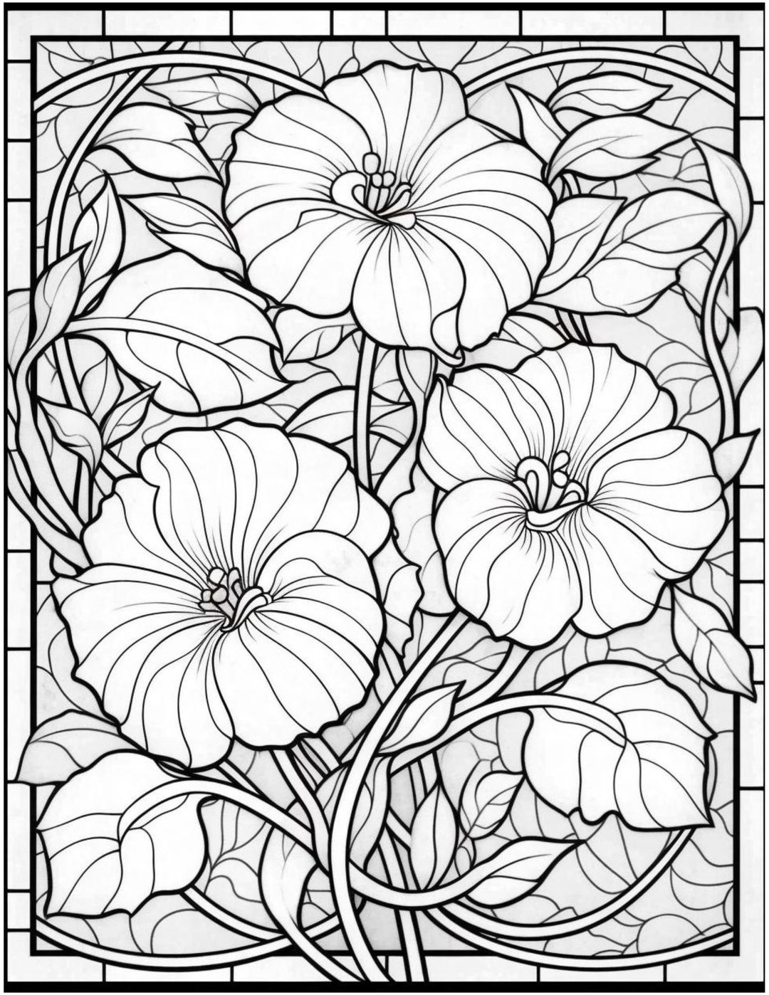 50 Flower Stained Glass Coloring Pages: Stress Relief (digital Download ...
