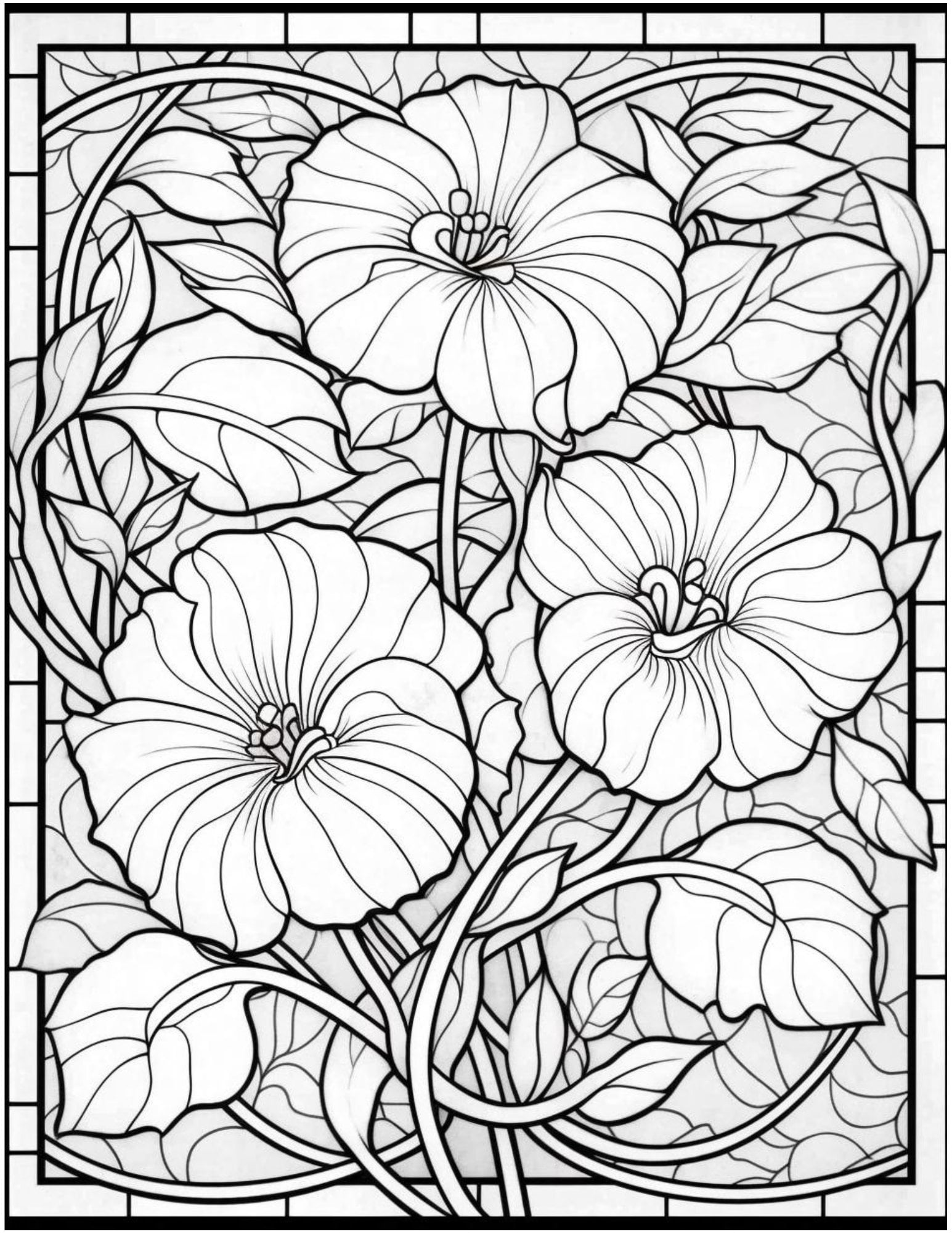 50 Flower Stained Glass Coloring Pages: Stress Relief (digital Download ...