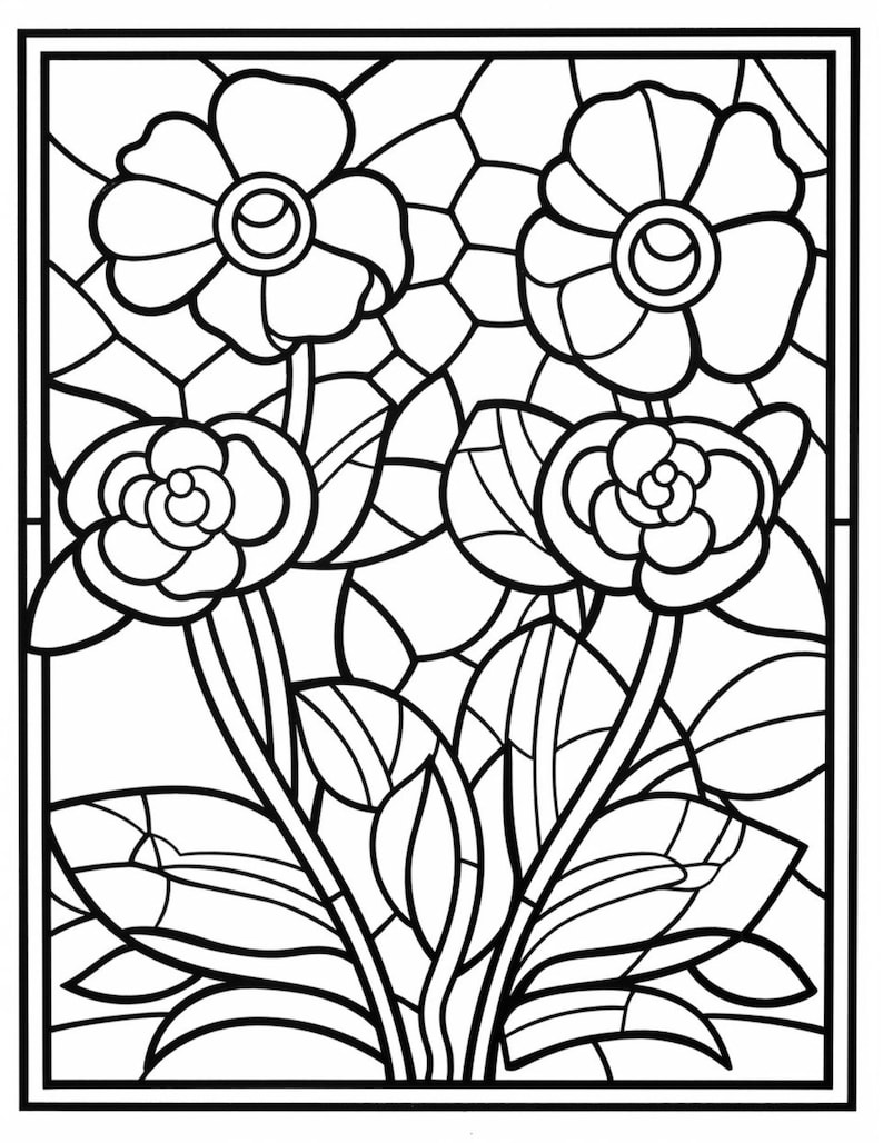 100 Flower Stained Glass Coloring Pages for Adults and Kids ,stress ...