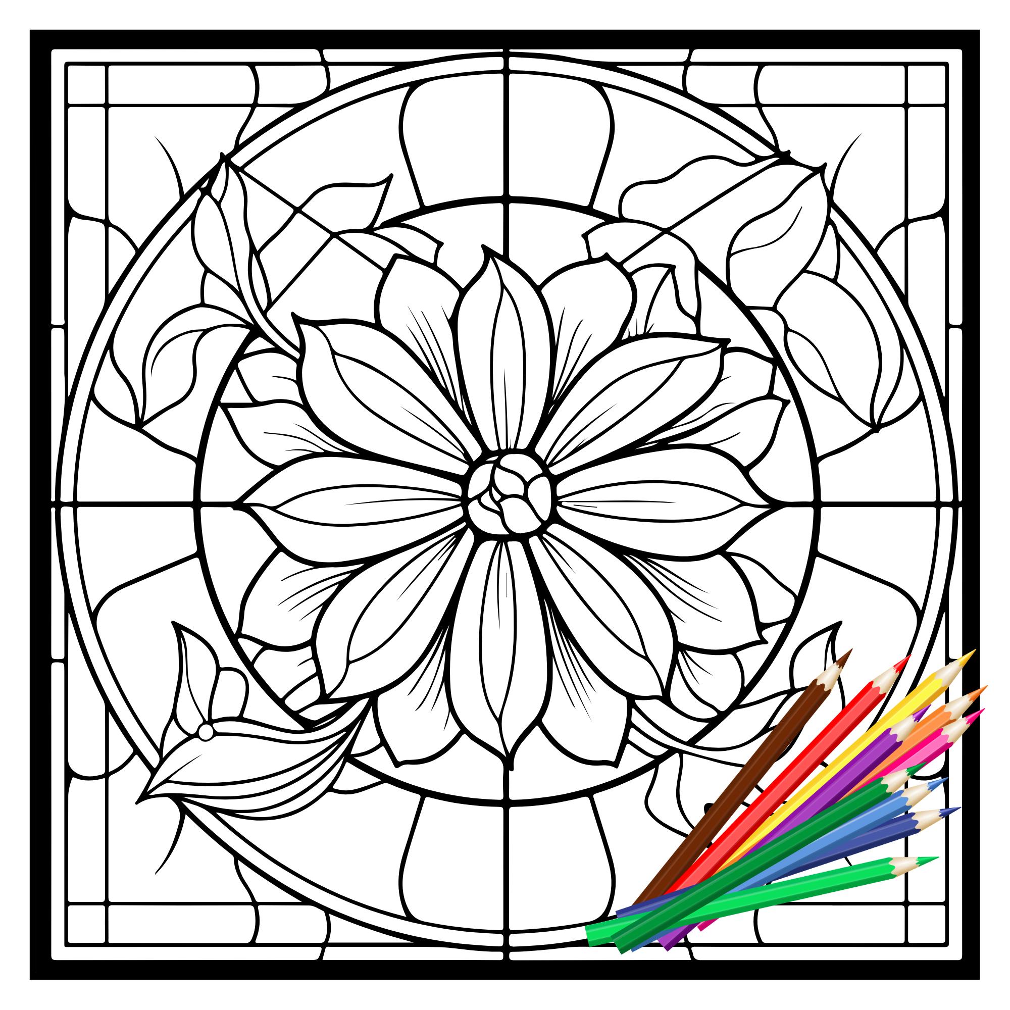 100 Flower Stained Glass Coloring Pages for Adults and Kids ,stress ...
