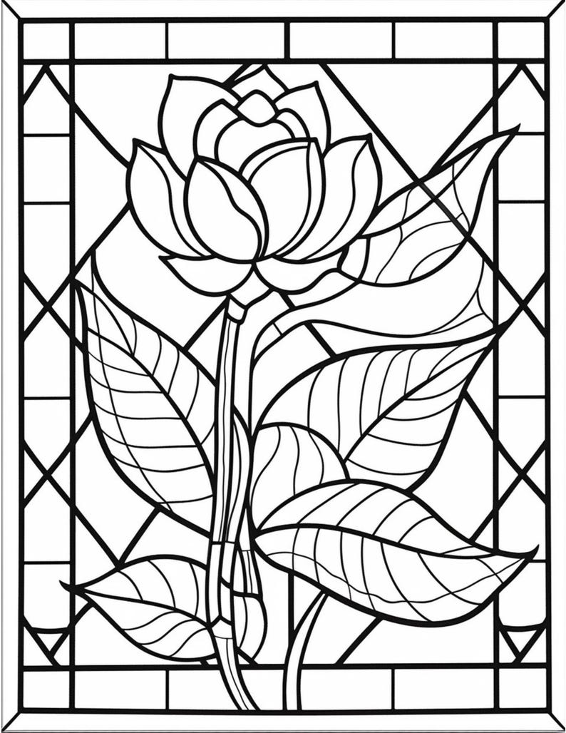 50 Flower Stained Glass Coloring Pages: Stress Relief (digital Download ...