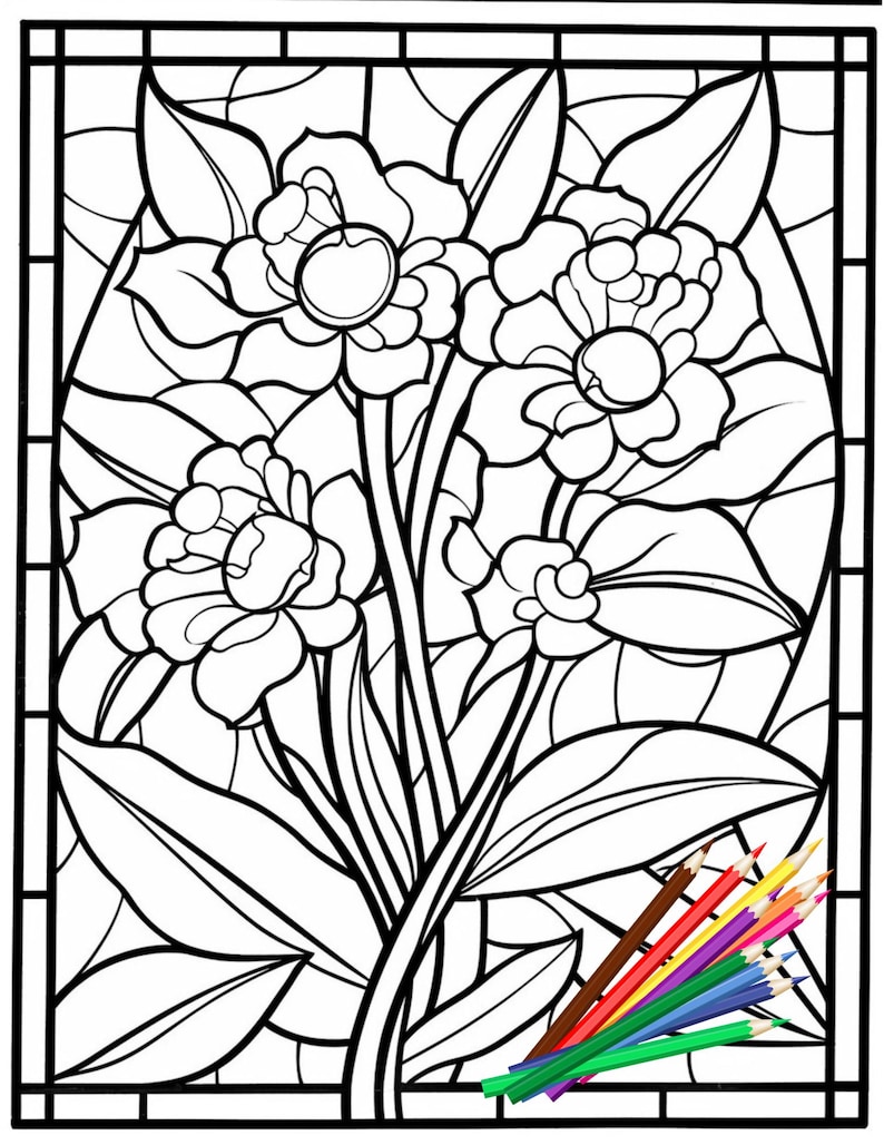 50 Flower Stained Glass Coloring Pages for Adults and Kids ,stress ...