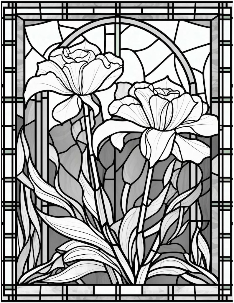 50 Flower Stained Glass Coloring Pages: Stress Relief (digital Download ...
