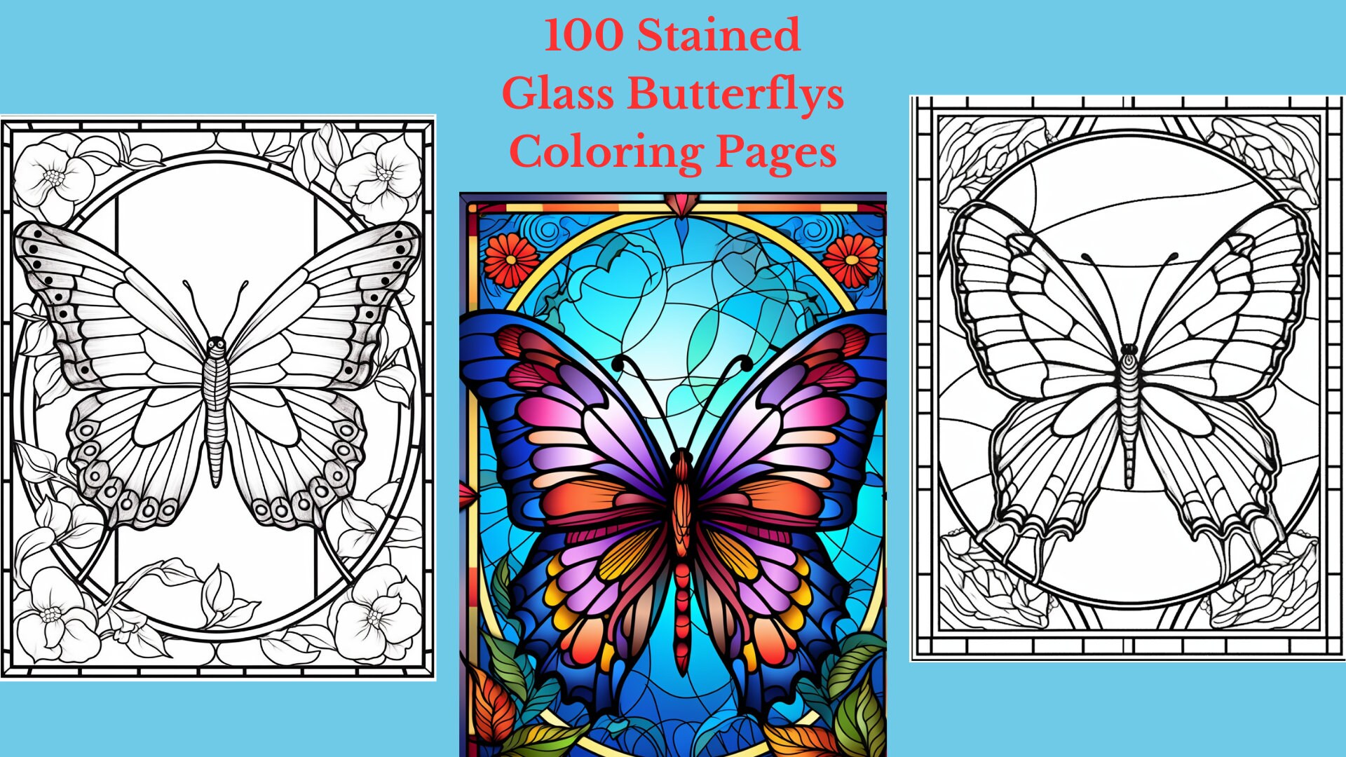 Stained Glass Butterfly Coloring Book: 100 Pages, Adults & Kids ...