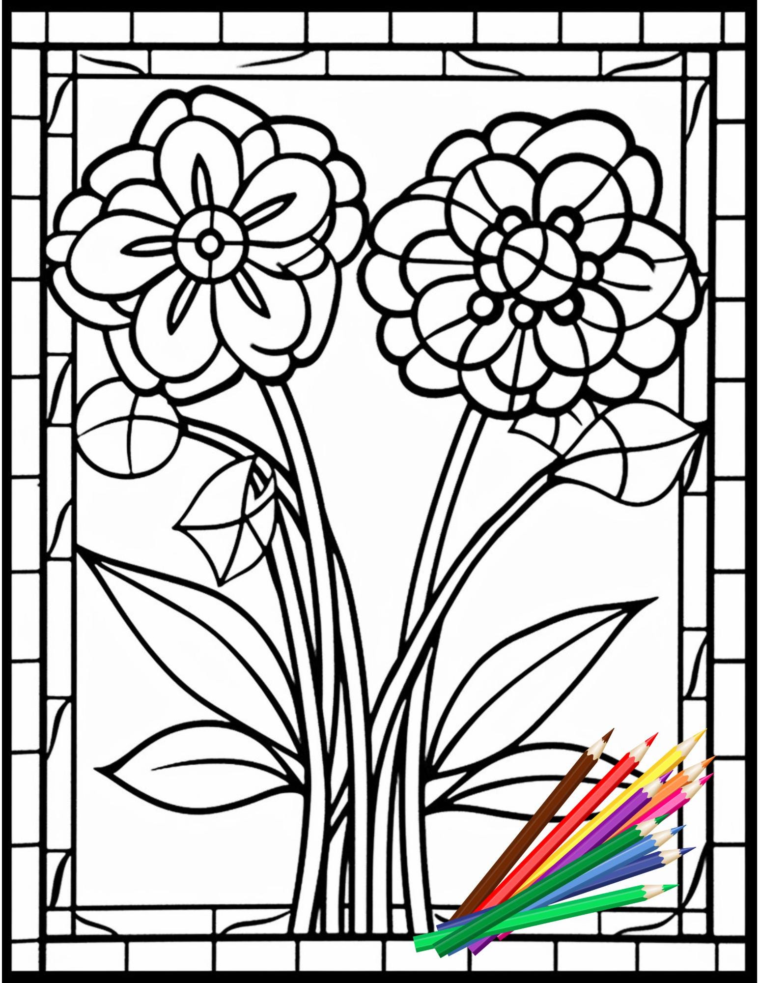 50 Flower Stained Glass Coloring Pages for Adults and Kids ,stress ...