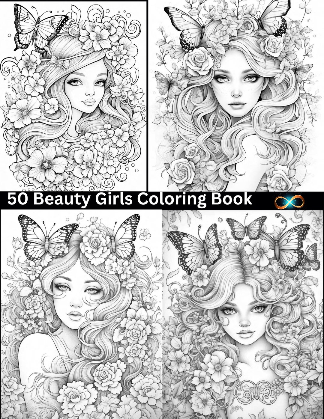 50 Beauty Girls Coloring Pages Coloring Book for Adults and Kids ...