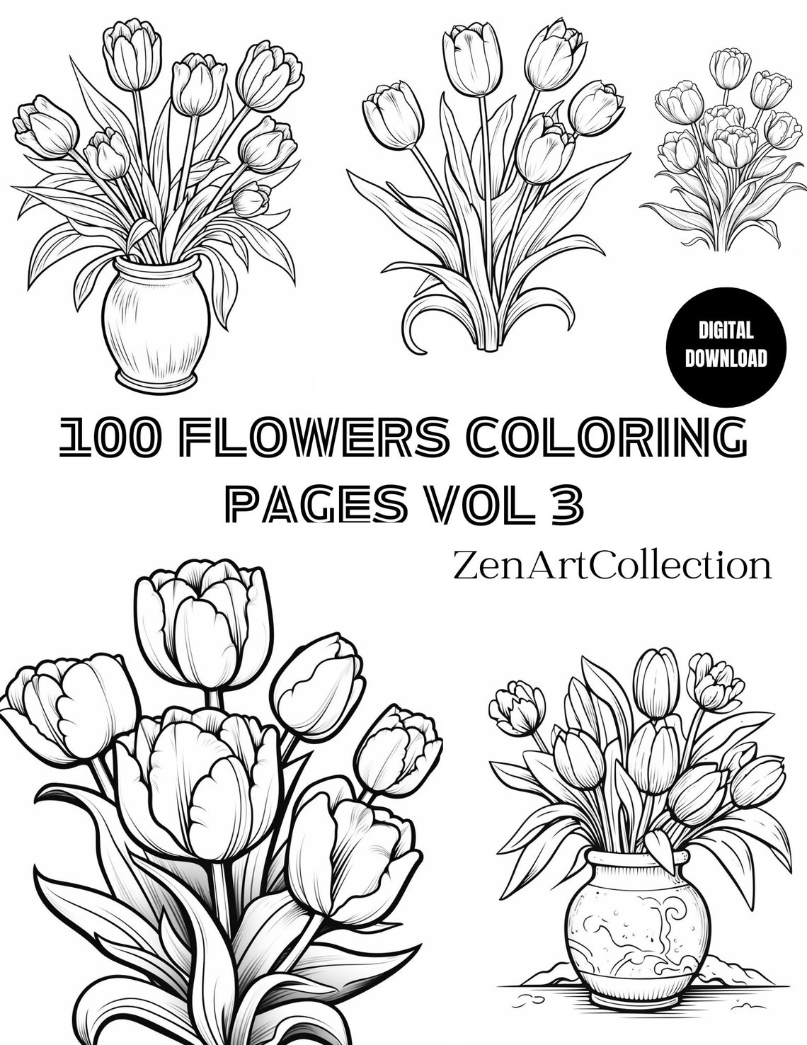 100 Flowers Coloring Pages Vol 3 for Adults and Kids ,stress Relief ...