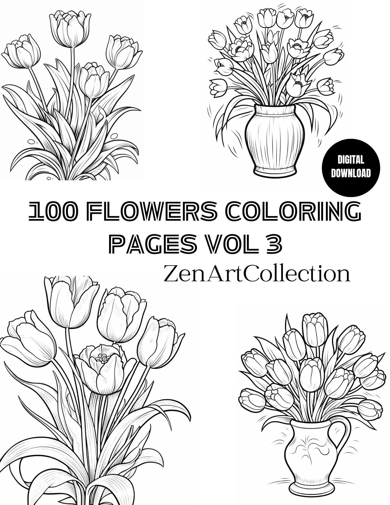 100 Flowers Coloring Pages Vol 3 for Adults and Kids ,stress Relief ...