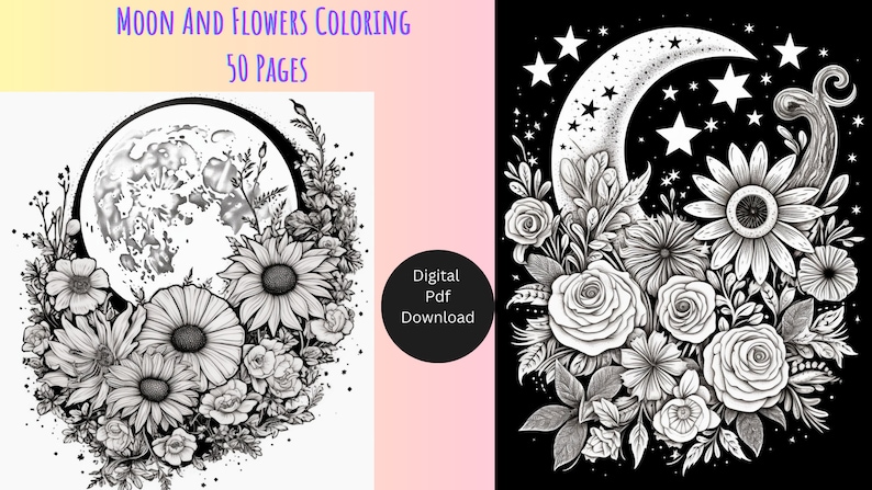 Moon and Flowers Coloring Book: 50 Relaxing Pages (digital Download) - Etsy