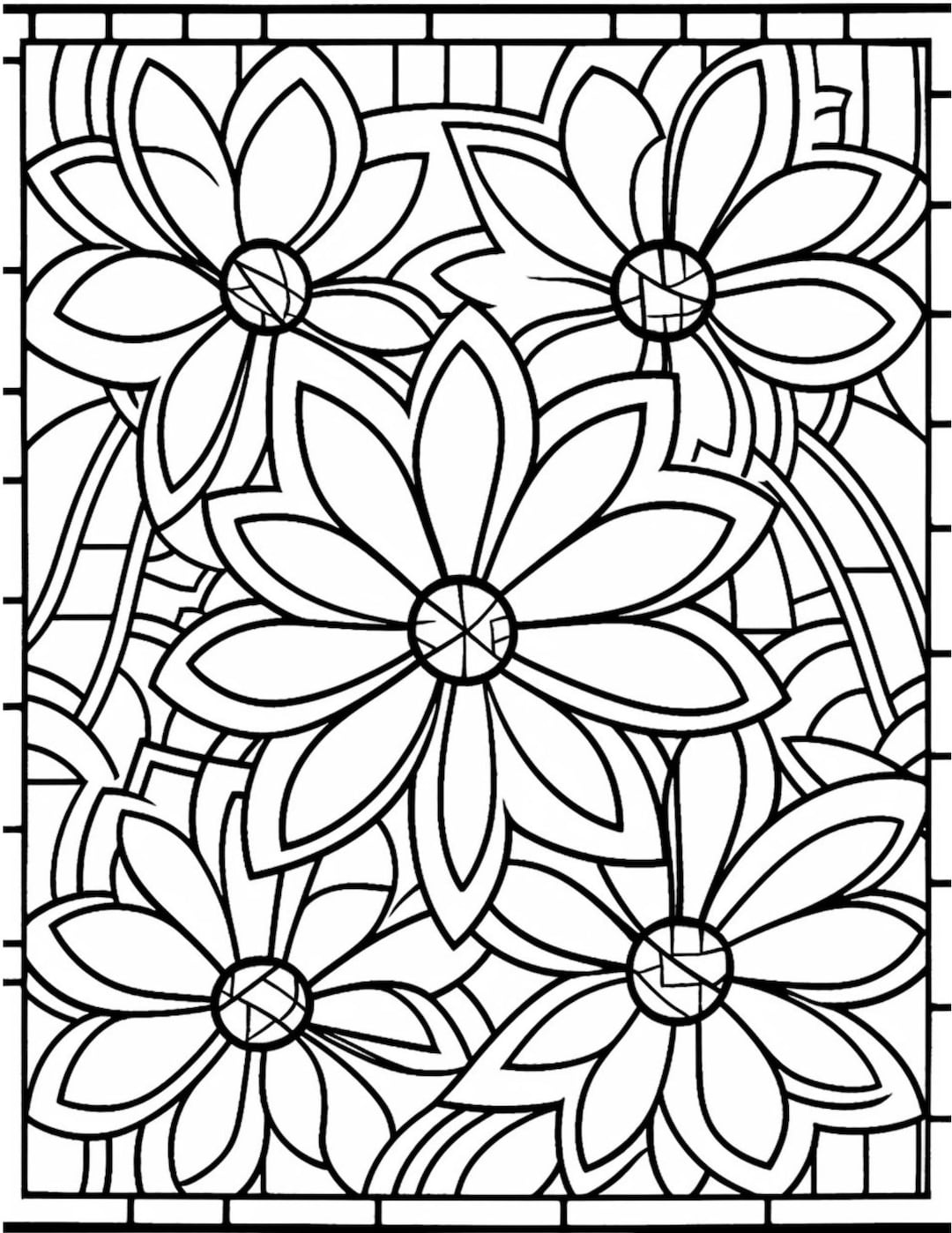 50 Flower Stained Glass Coloring Pages: Stress Relief (digital Download ...