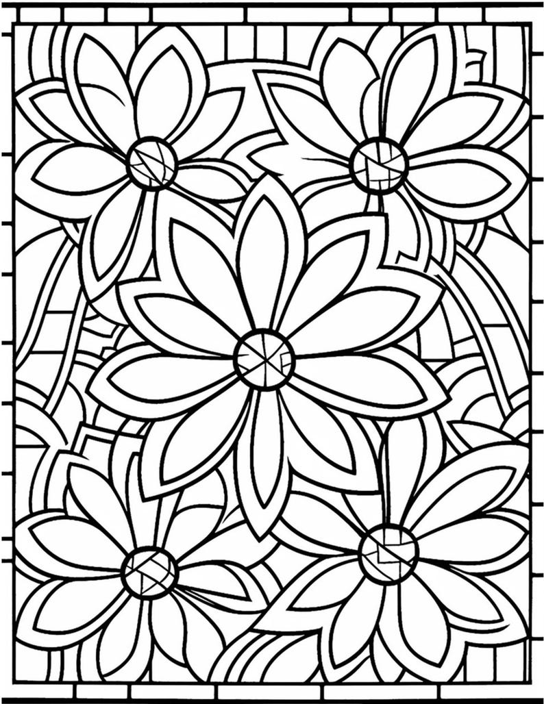 50 Flower Stained Glass Coloring Pages: Stress Relief (digital Download ...