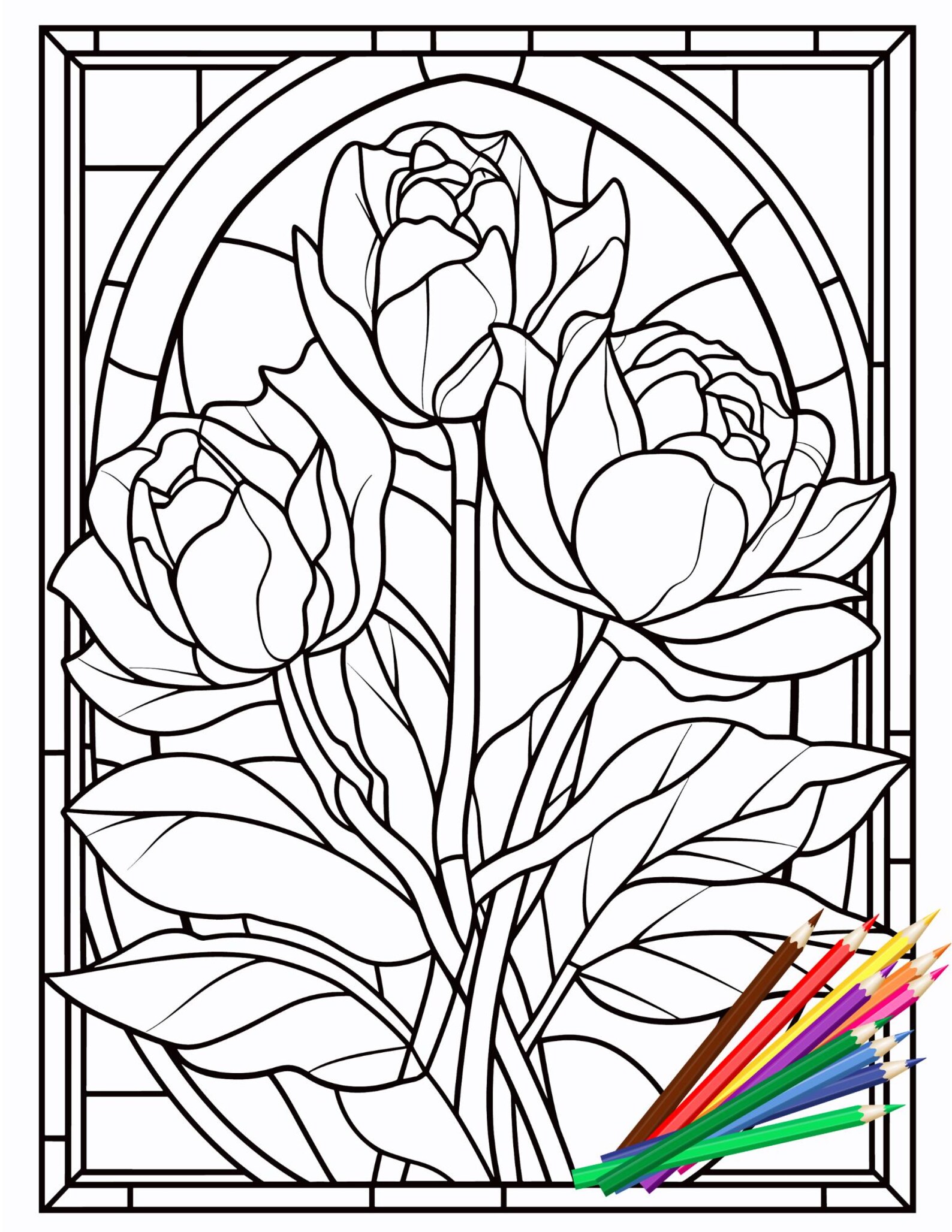 50 Flower Stained Glass Coloring Pages for Adults and Kids ,stress ...