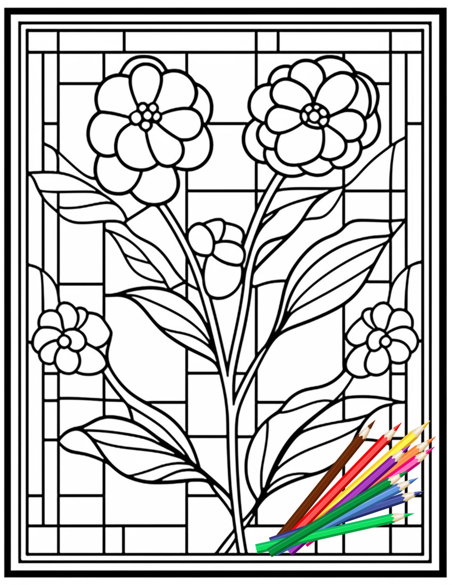 50 Flower Stained Glass Coloring Pages for Adults and Kids ,stress ...