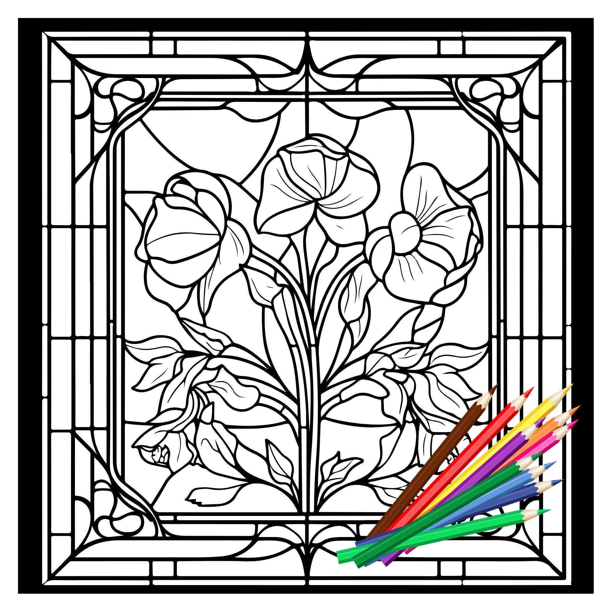 50 Flower Stained Glass Coloring Pages: Stress Relief for Adults & Kids ...