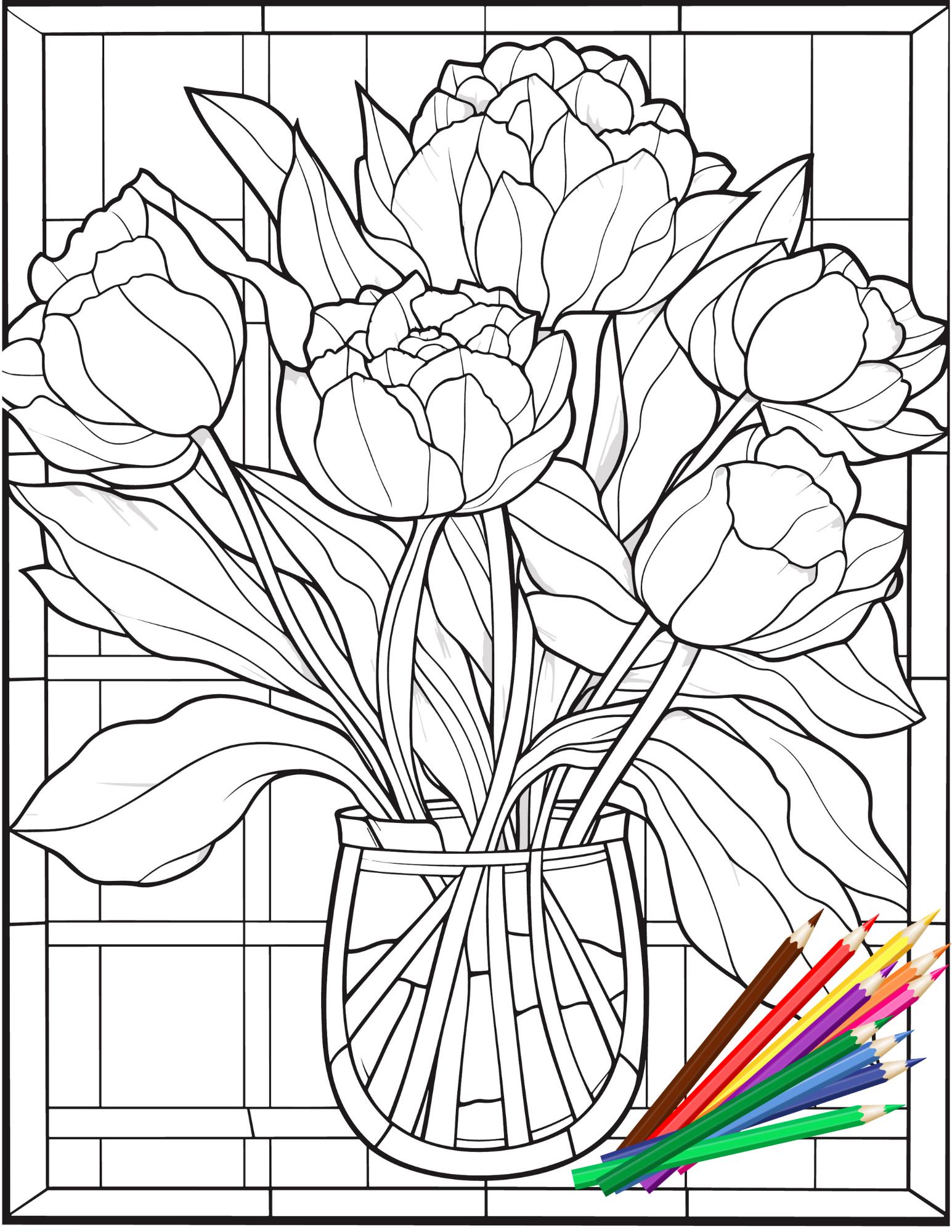 50 Flower Stained Glass Coloring Pages for Adults and Kids ,stress ...