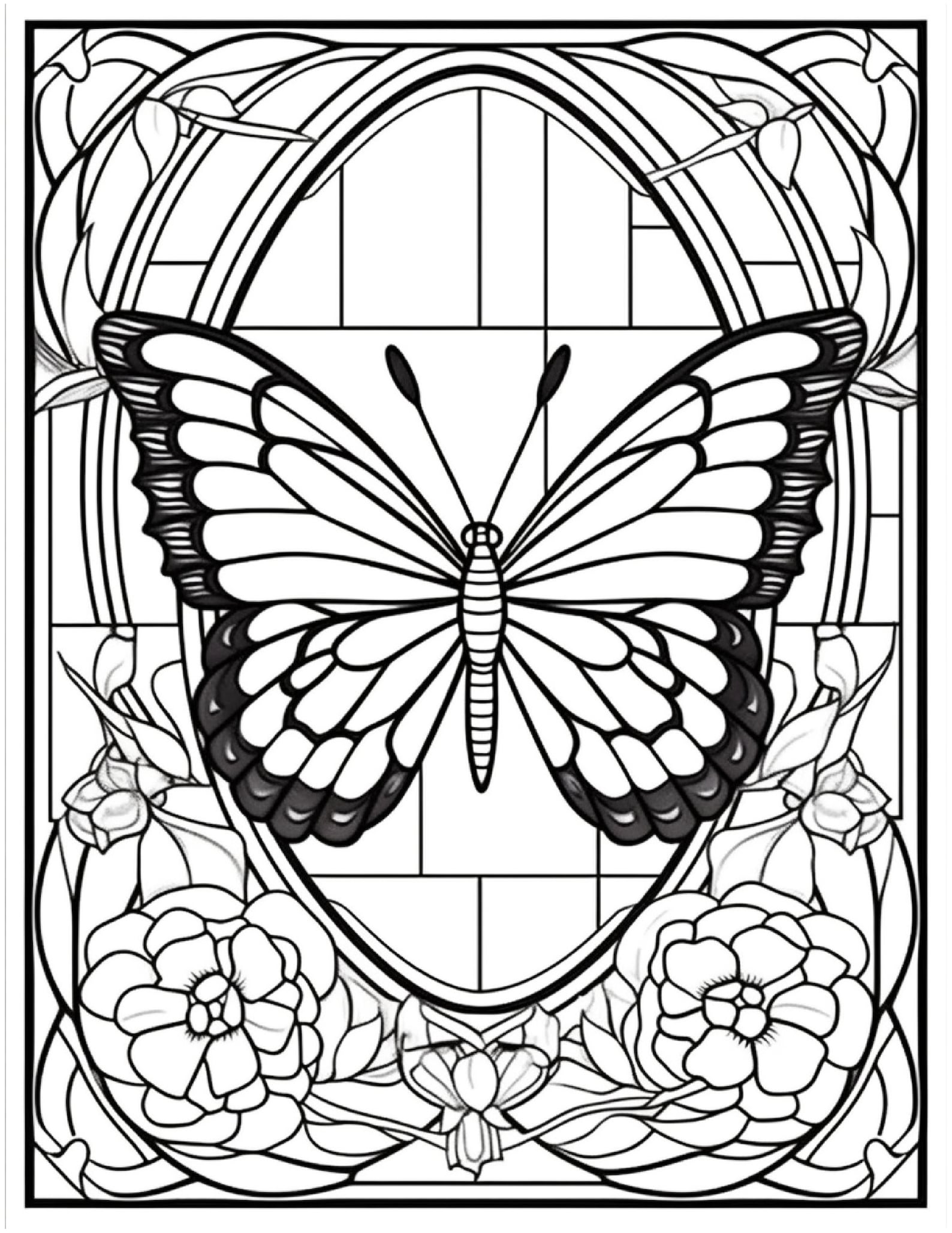 100 Stained Glass Butterfly Coloring Pages: Relaxing Adult Coloring ...