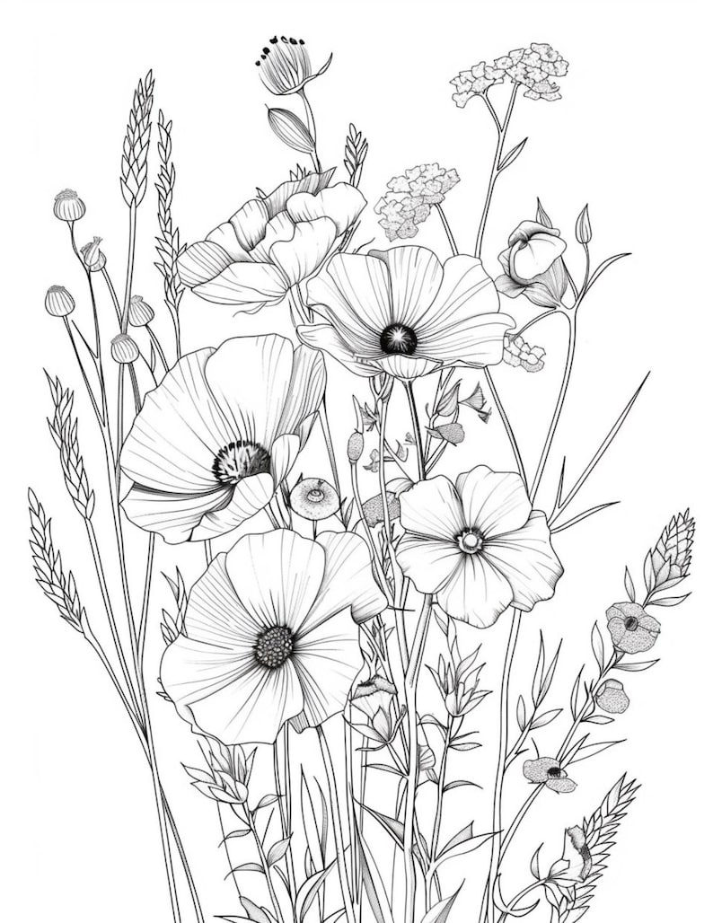 Wildflower Coloring Pages for Adults: 50 Stress Relief Designs (PDF ...
