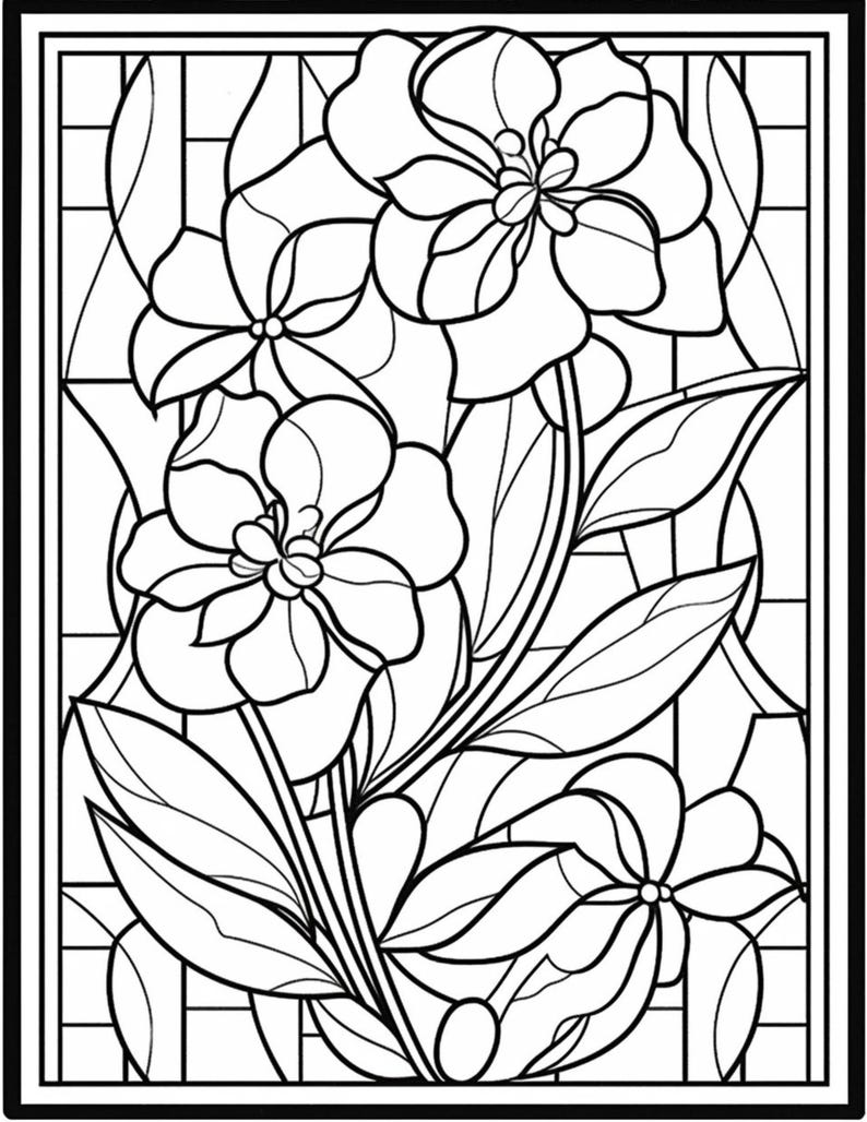 50 Flower Stained Glass Coloring Pages for Adults and Kids ,stress ...