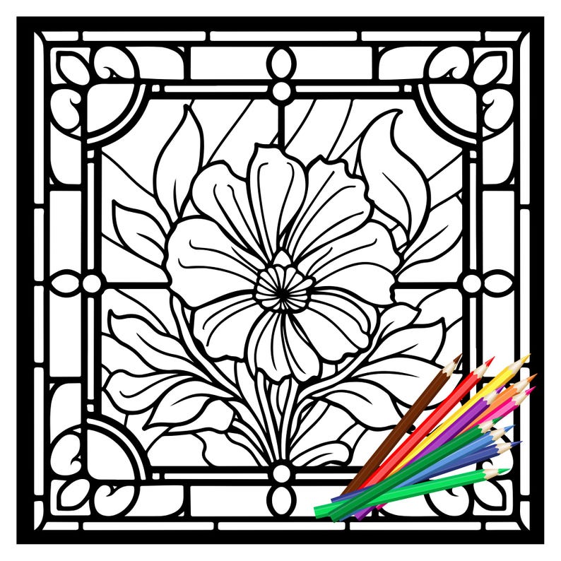 100 Flower Stained Glass Coloring Pages for Adults and Kids ,stress ...