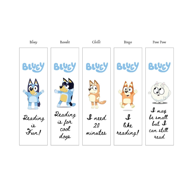 Bluey, Bingo, Bandit, Chilli, & Pom Pom Laminated Bookmarks With Clear ...