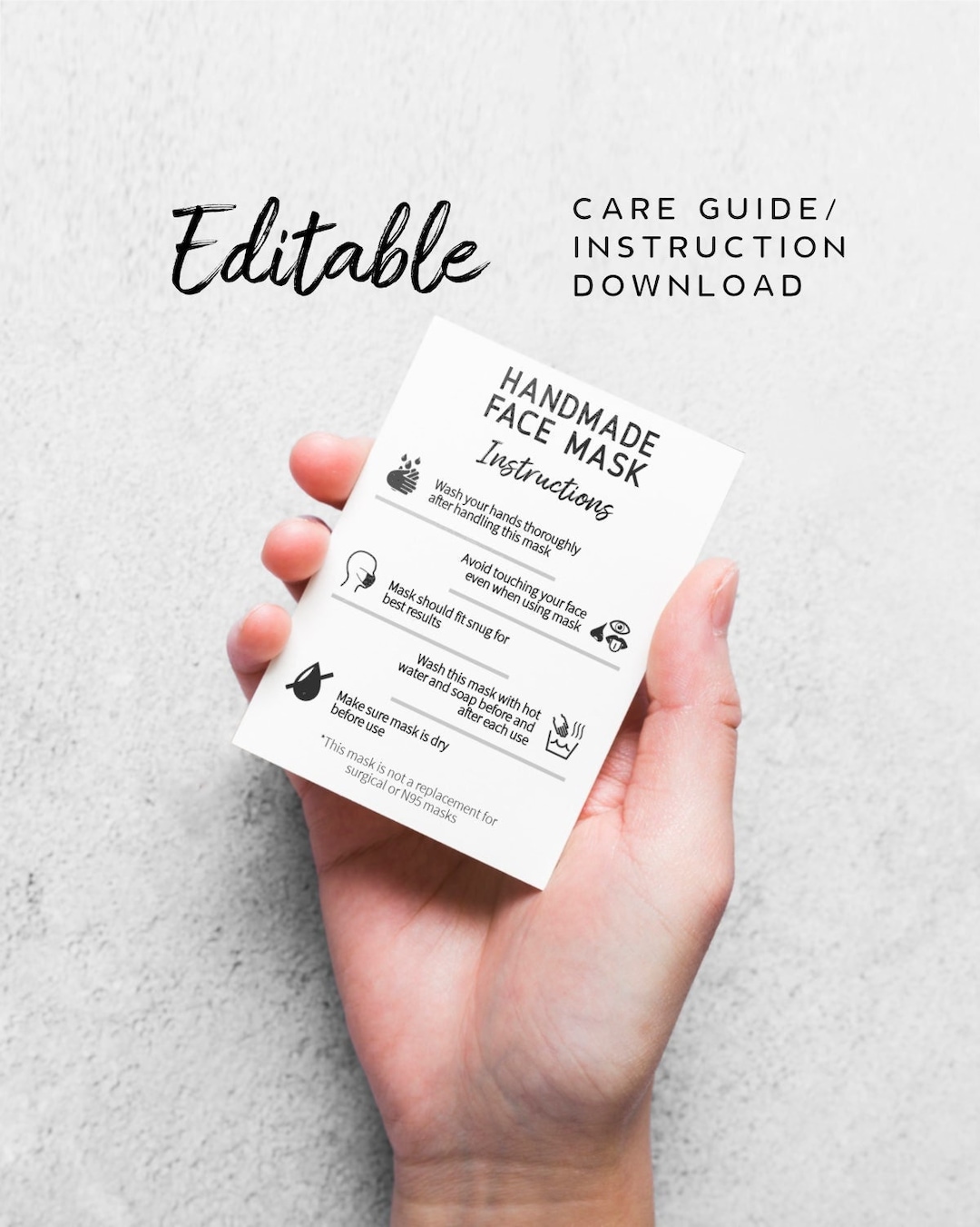 Ready to Print Face Mask Card - Face Mask Instruction Card, Care Guide ...