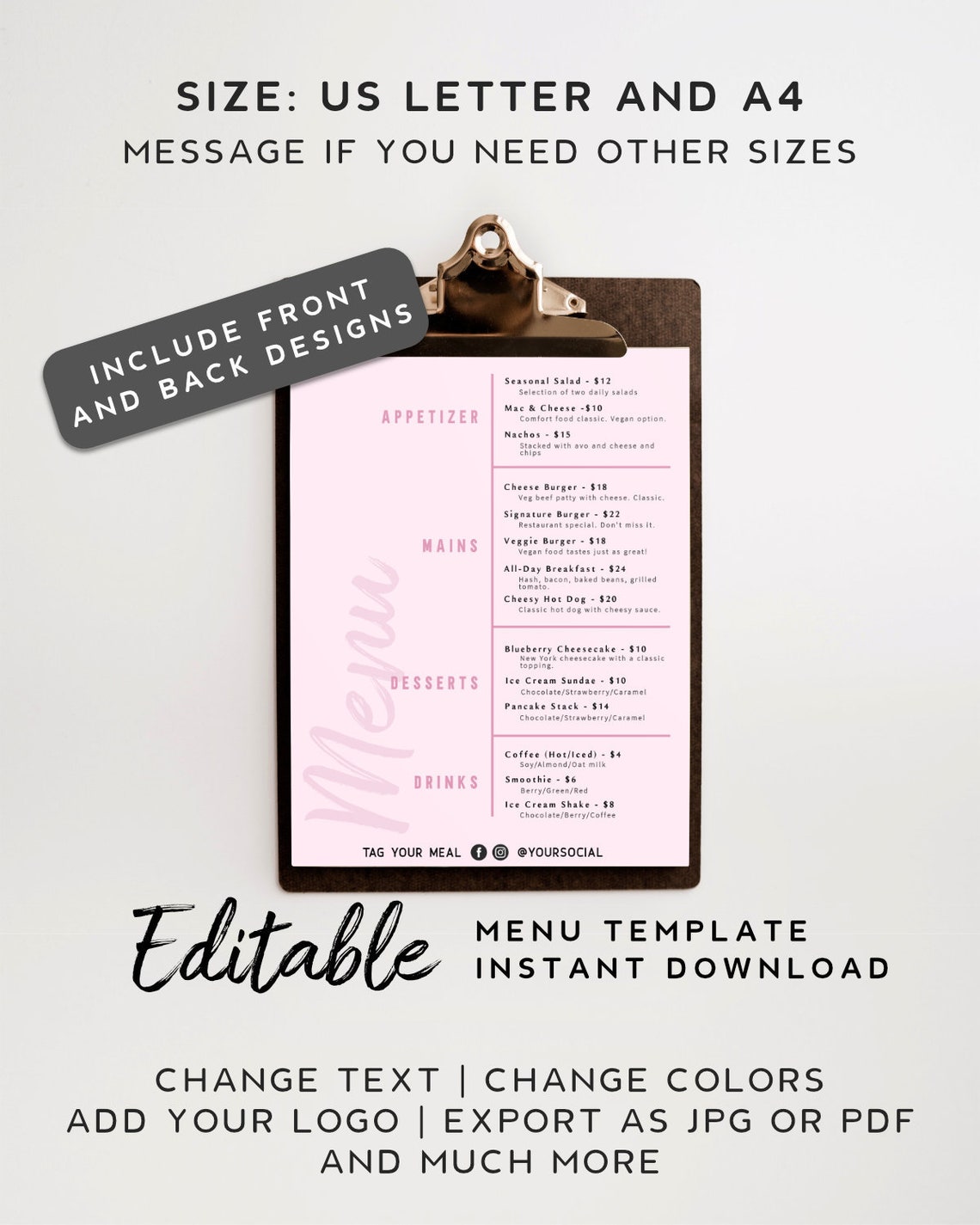 Printable Menu Template - Restaurant Menu Design Template, Pink Menu ...