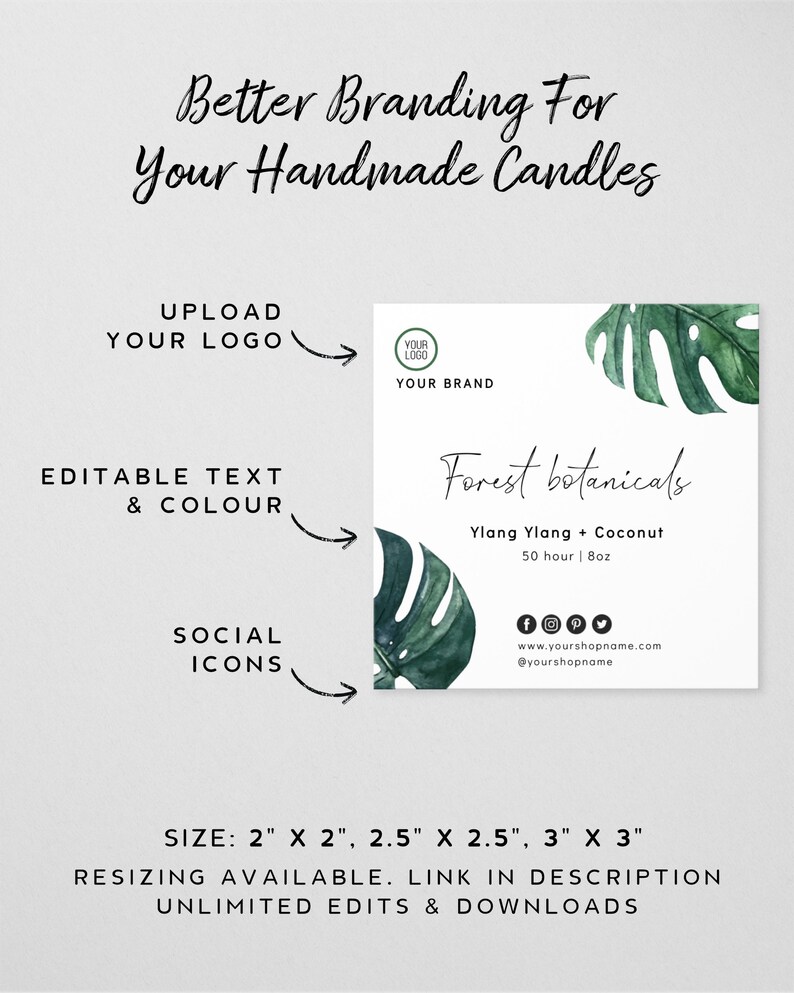 Botanic Candle Label Template - Green Candle Jar Label Template, Custom ...