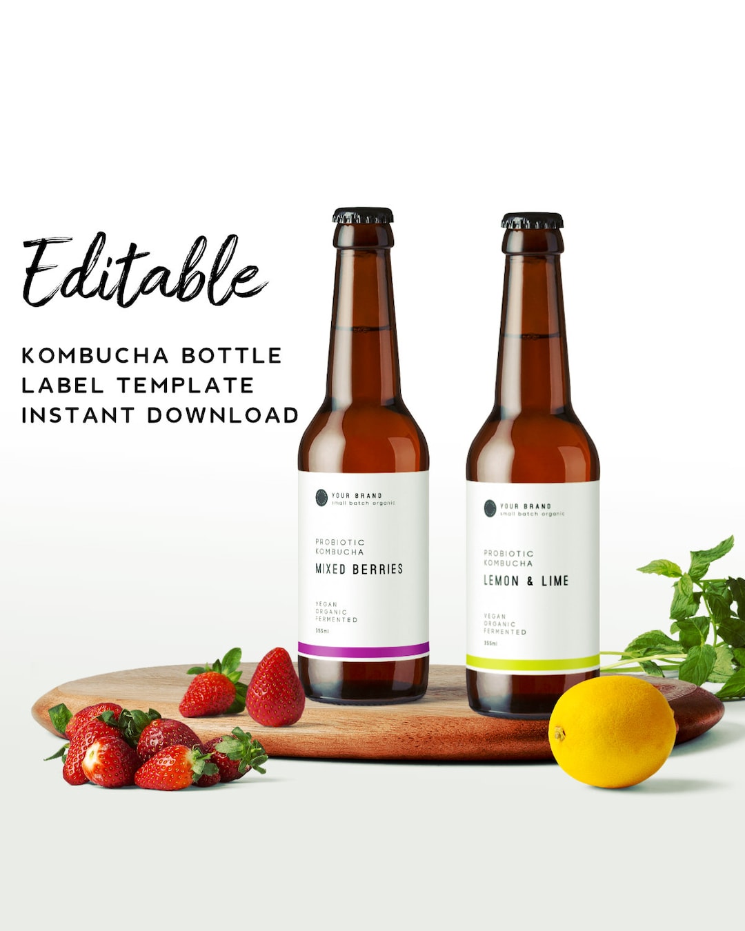 Printable Kombucha Bottle Label Template - Juice Label Business Branding, Minimalist Product ...