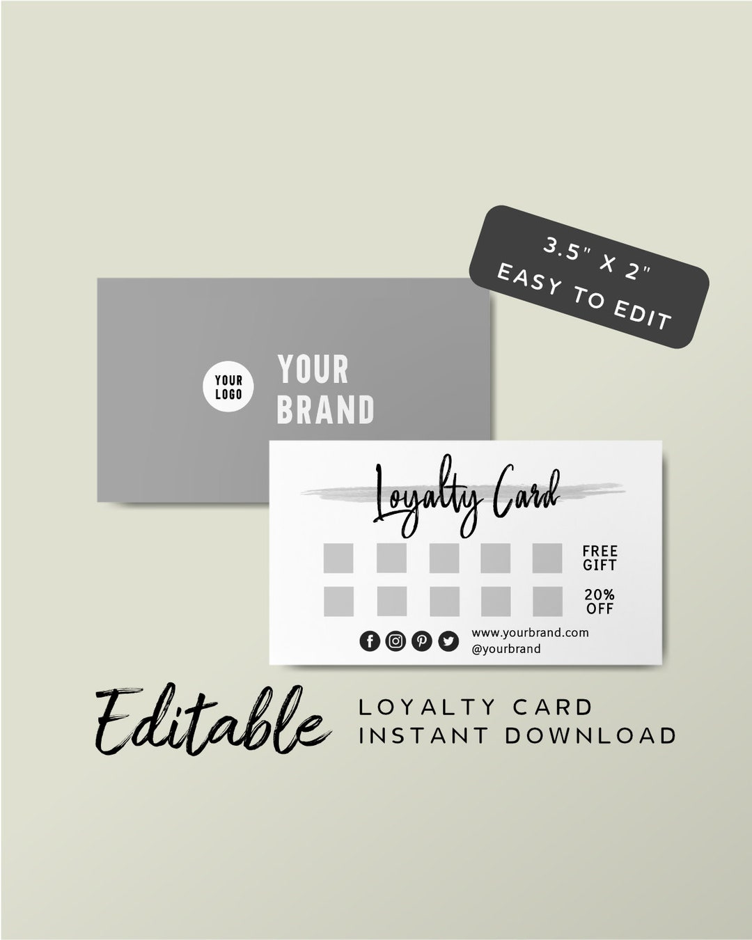 Ready to Print Loyalty Card Template - Minimalist Rewards Card, Grey ...