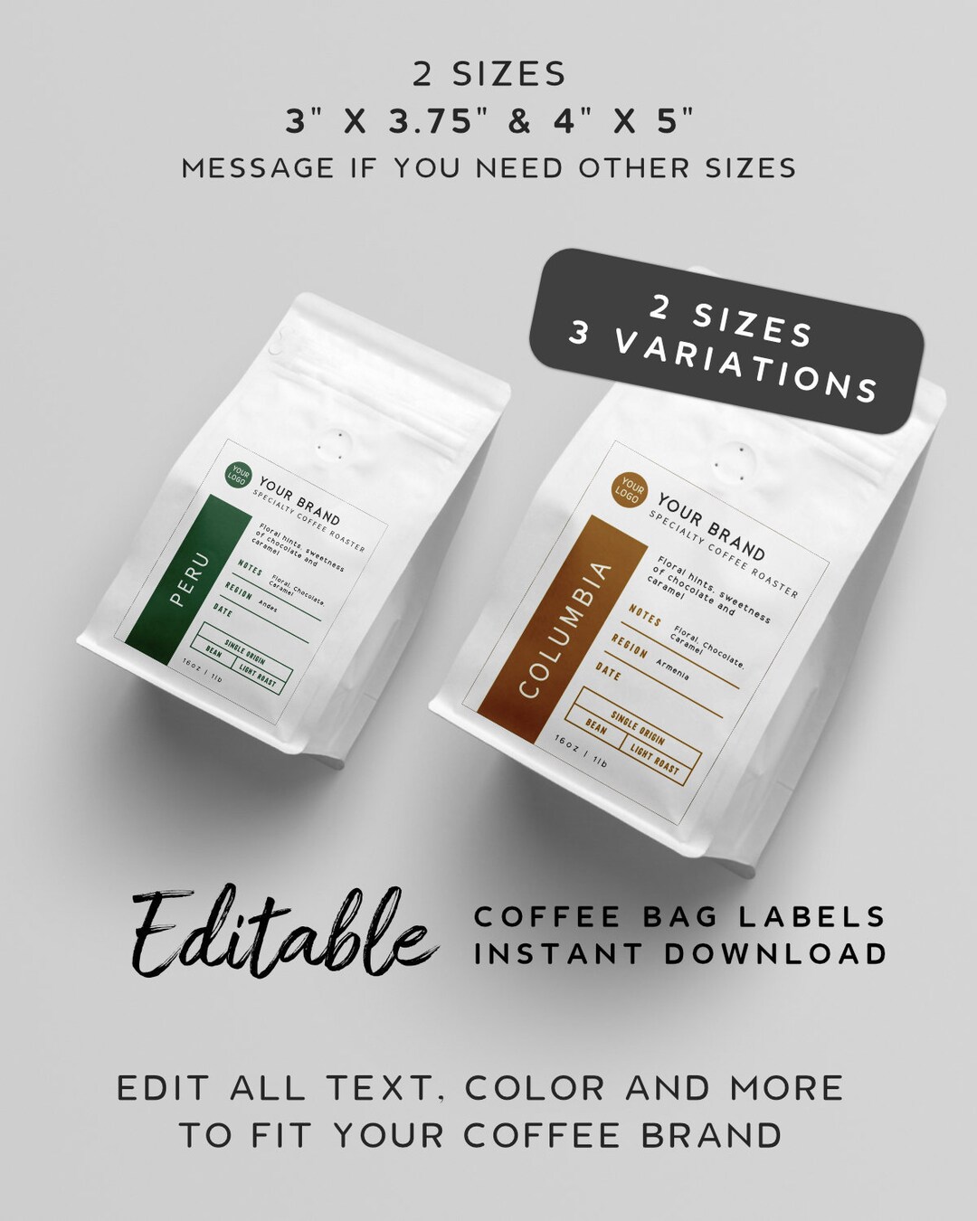 DIY Coffee Label Template Kraft Pouch Label Template, Branding Label ...