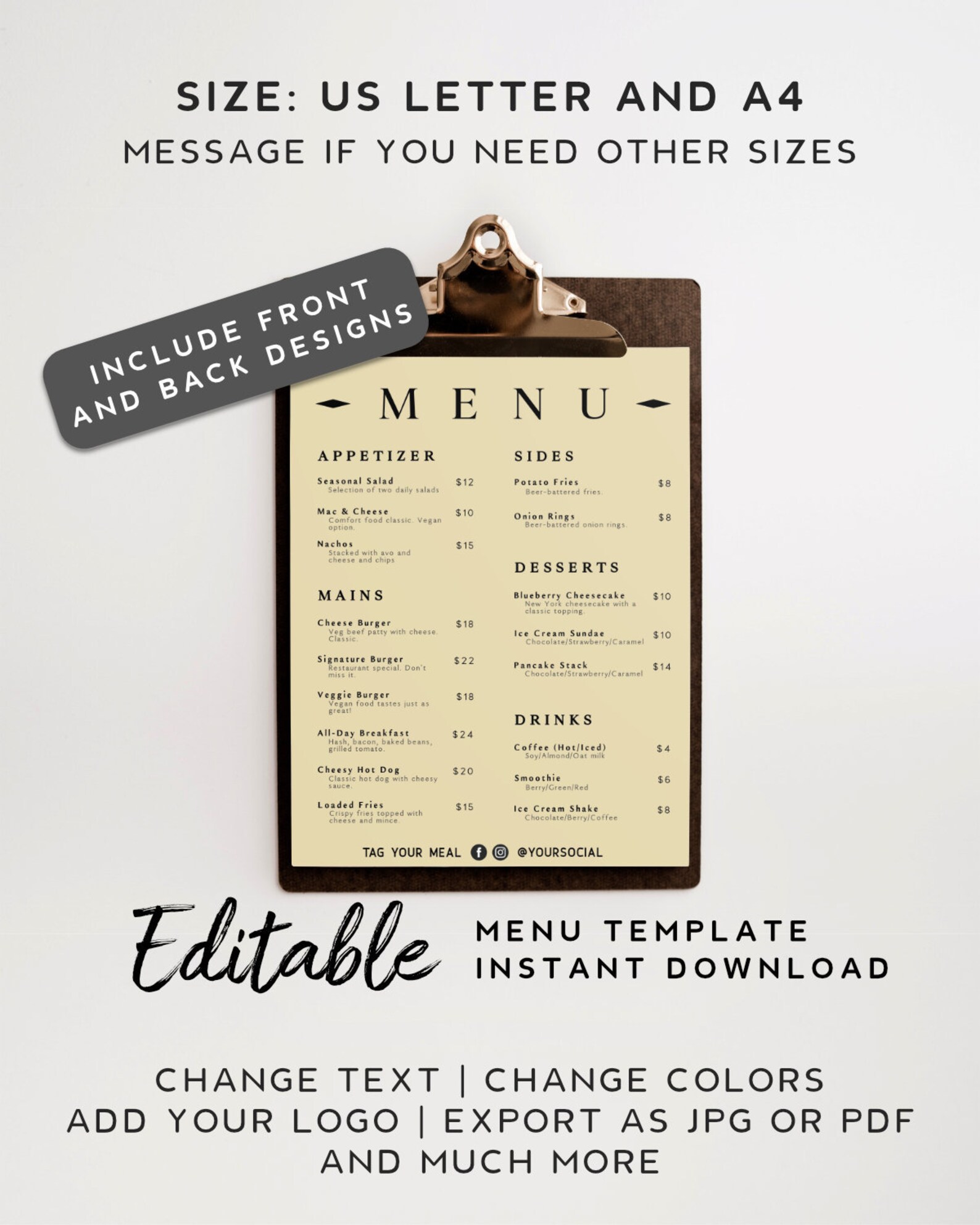 Yellow Restaurant Menu Download Menu Cover Design Editable | Etsy