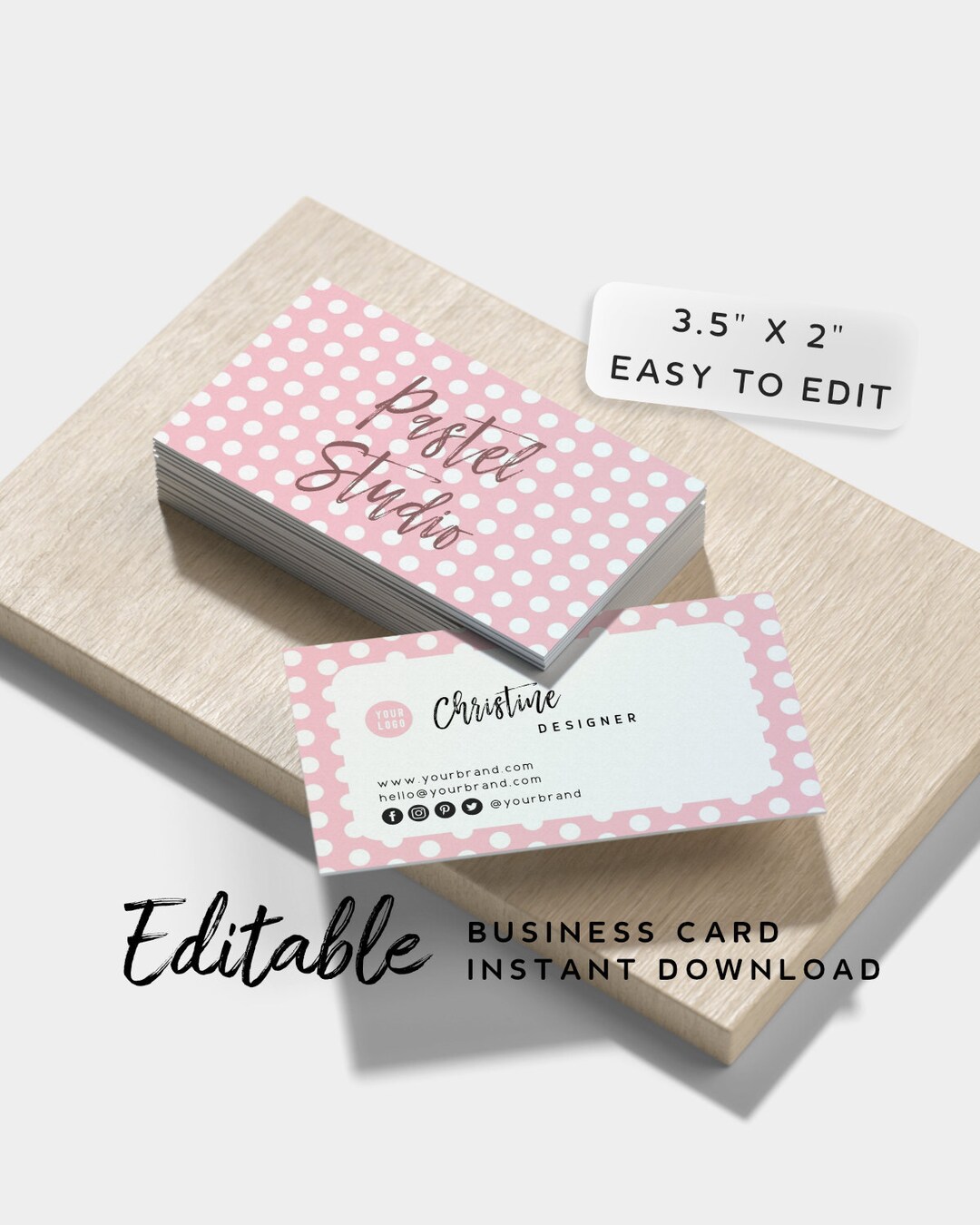 Pink Polka Dots Business Card Template - Instant Download, Editable ...