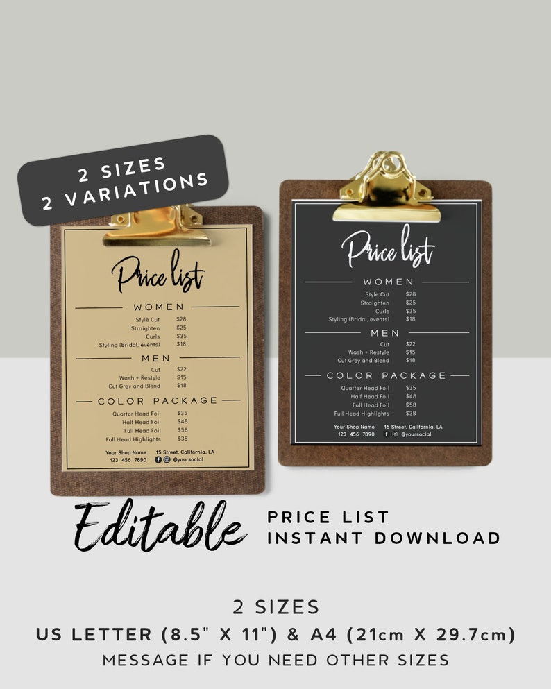 Premade Price List Template Printable - Small Business Printable, DIY ...