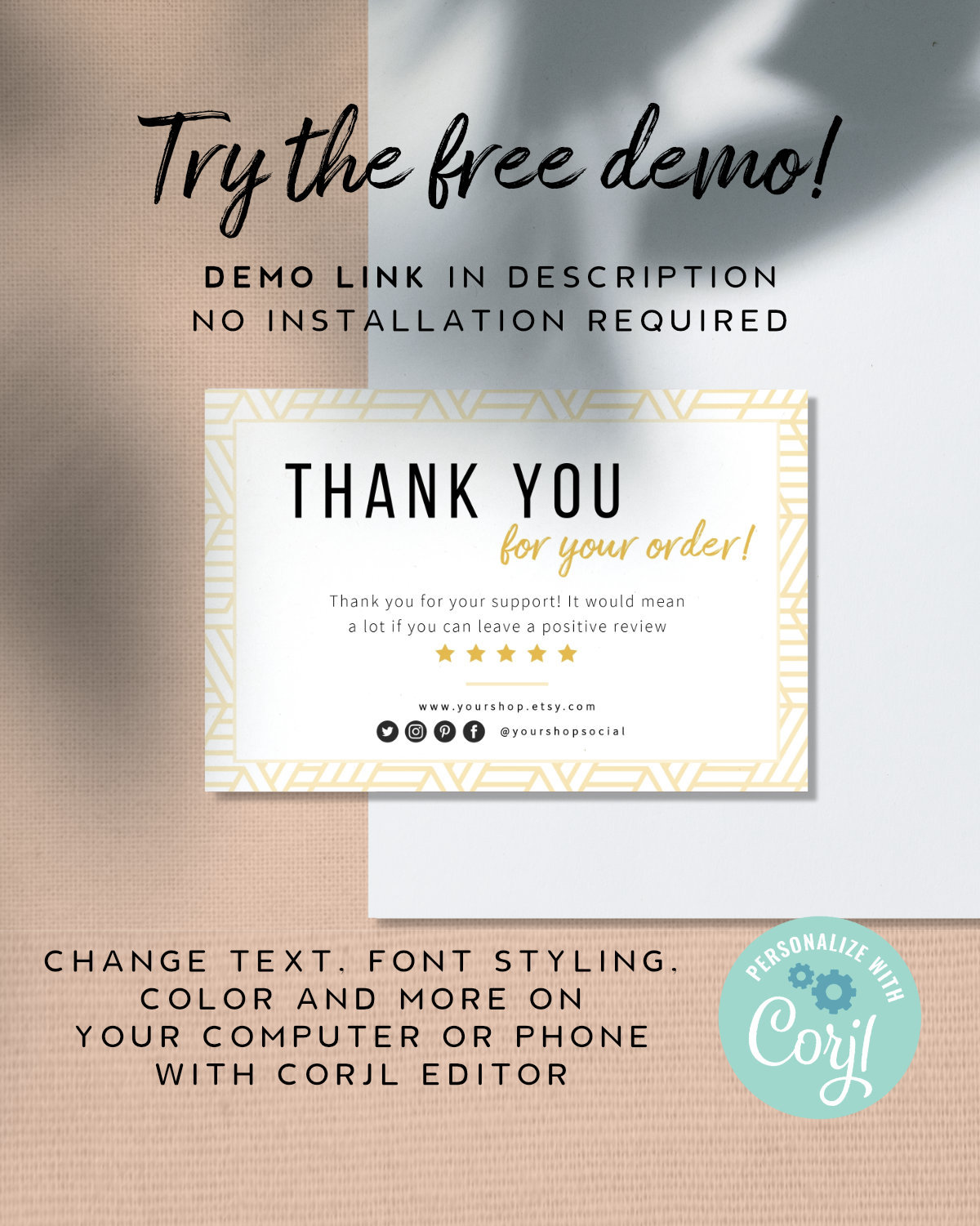 Ready to Print Order Insert Card Gold Thank You Card Thank | Etsy