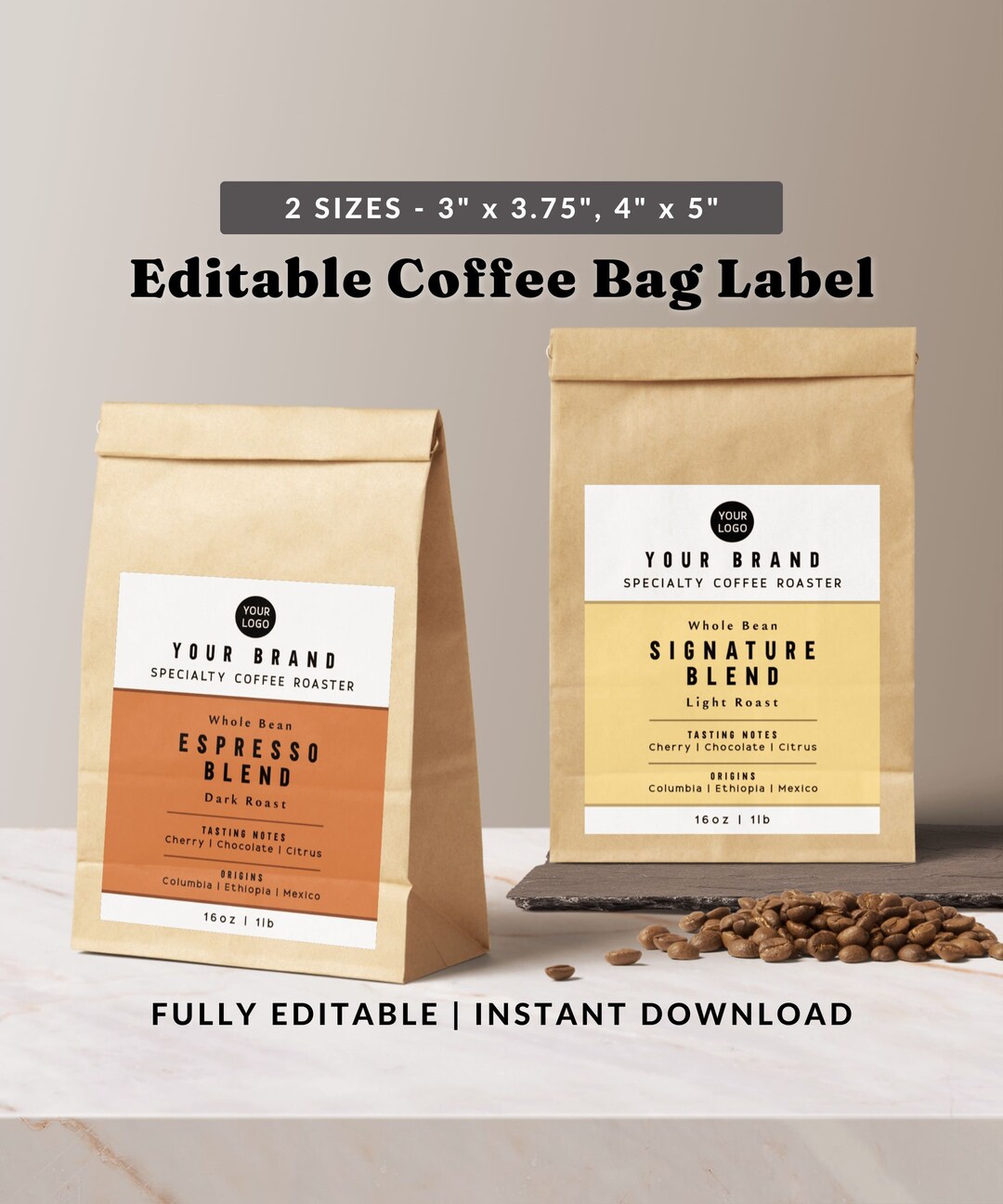 Printable Coffee Bag Label - 2 Sizes, Rectangle Product Labels, Pouch ...