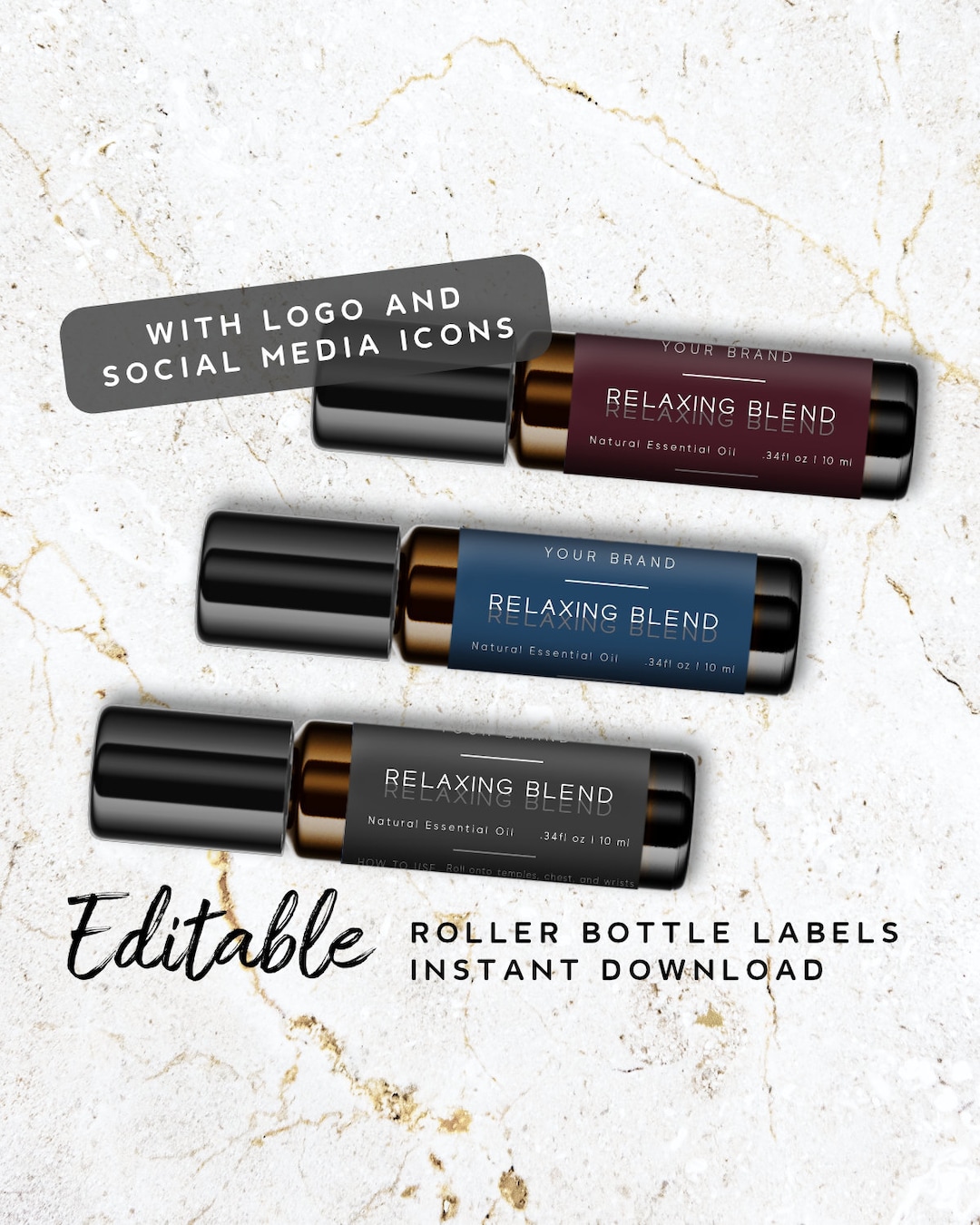 Dark Roller Bottle Label Template - Custom Product Branding, Essential ...