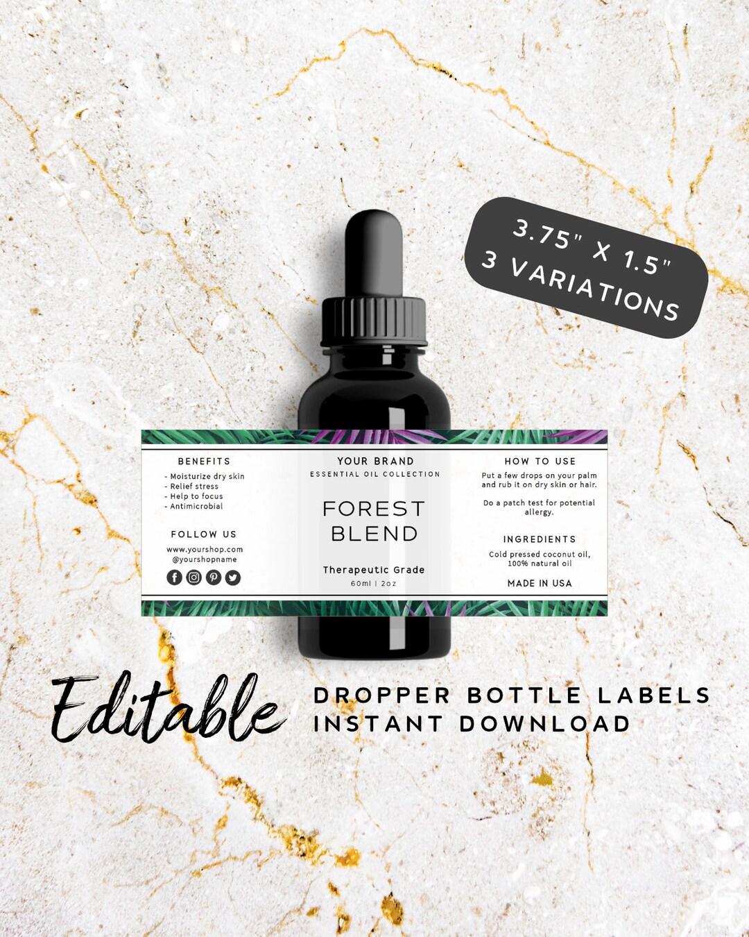 DIY Bottle Label - Floral Essential Oil Label Template, Leaf Product ...