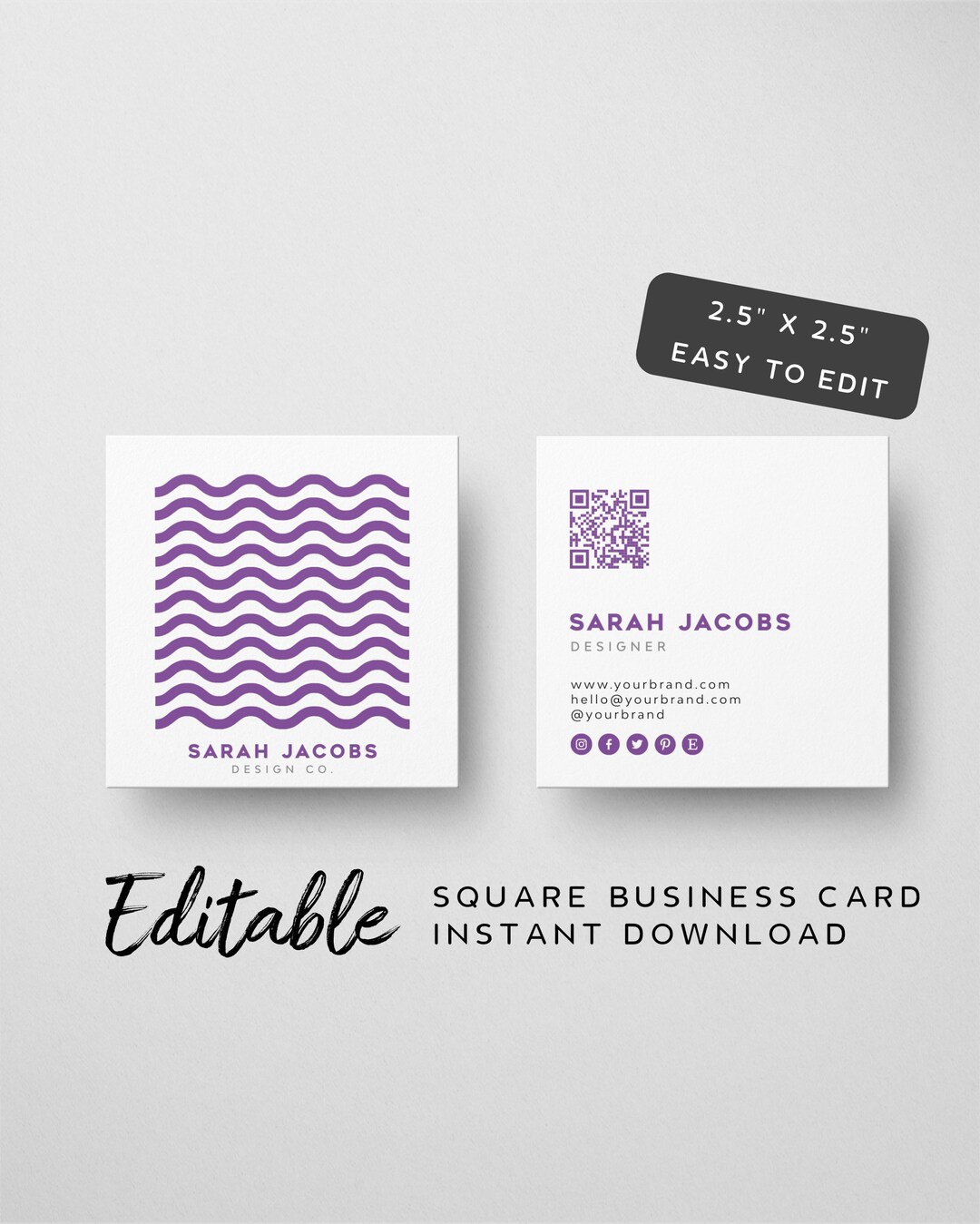 Purple QR Code Business Card Template - Waves, Printable Business Card ...