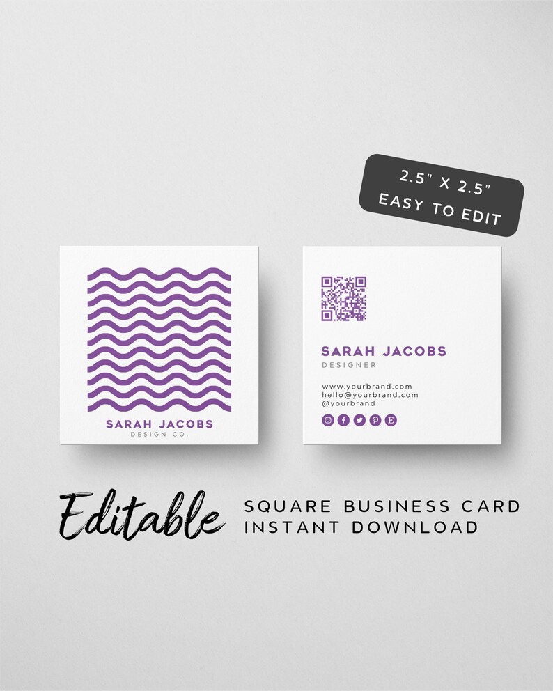 Purple QR Code Business Card Template Waves Printable - Etsy
