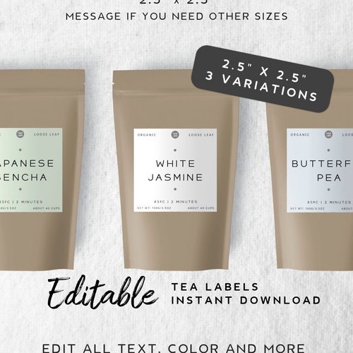 Editable Tea Packaging Label Template 3 Sizes DIY | Etsy