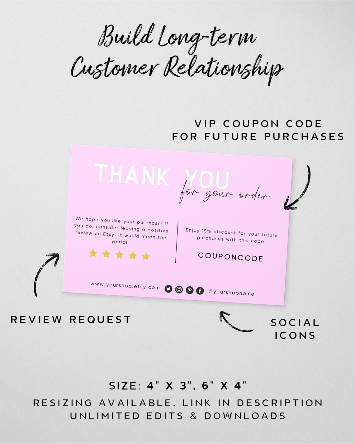 Pink Thank You Card Template - Order Package Insert With Review Request ...