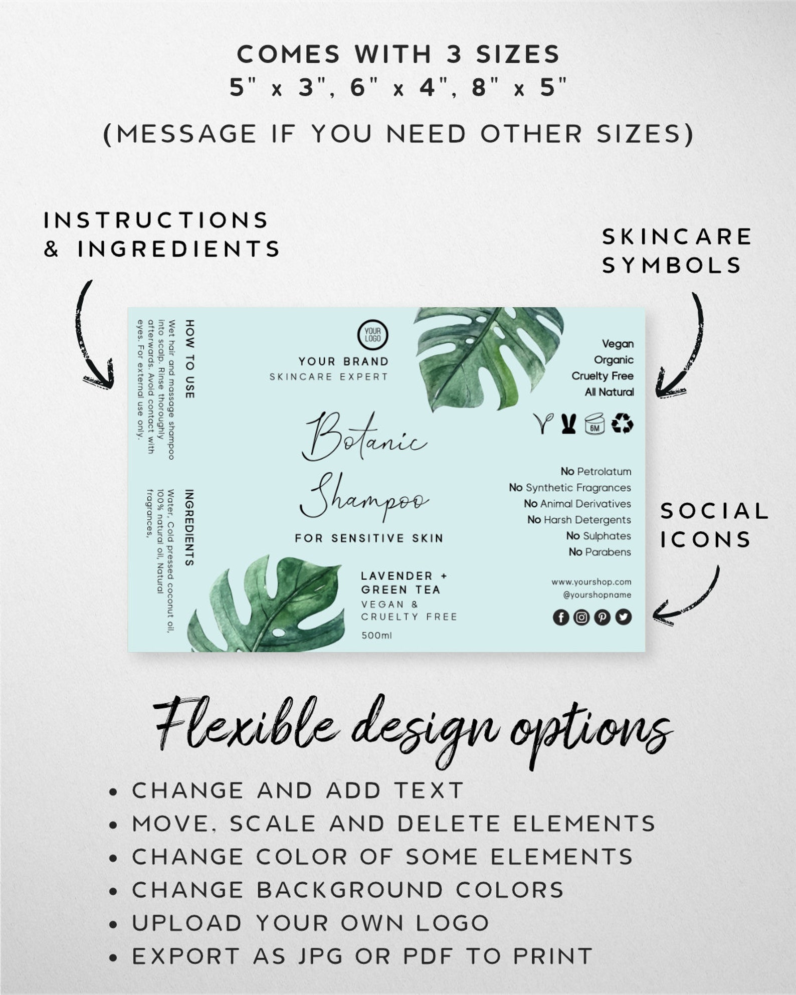 Printable Shampoo Labels - Botanical Soap Labels, Green Leaf ...