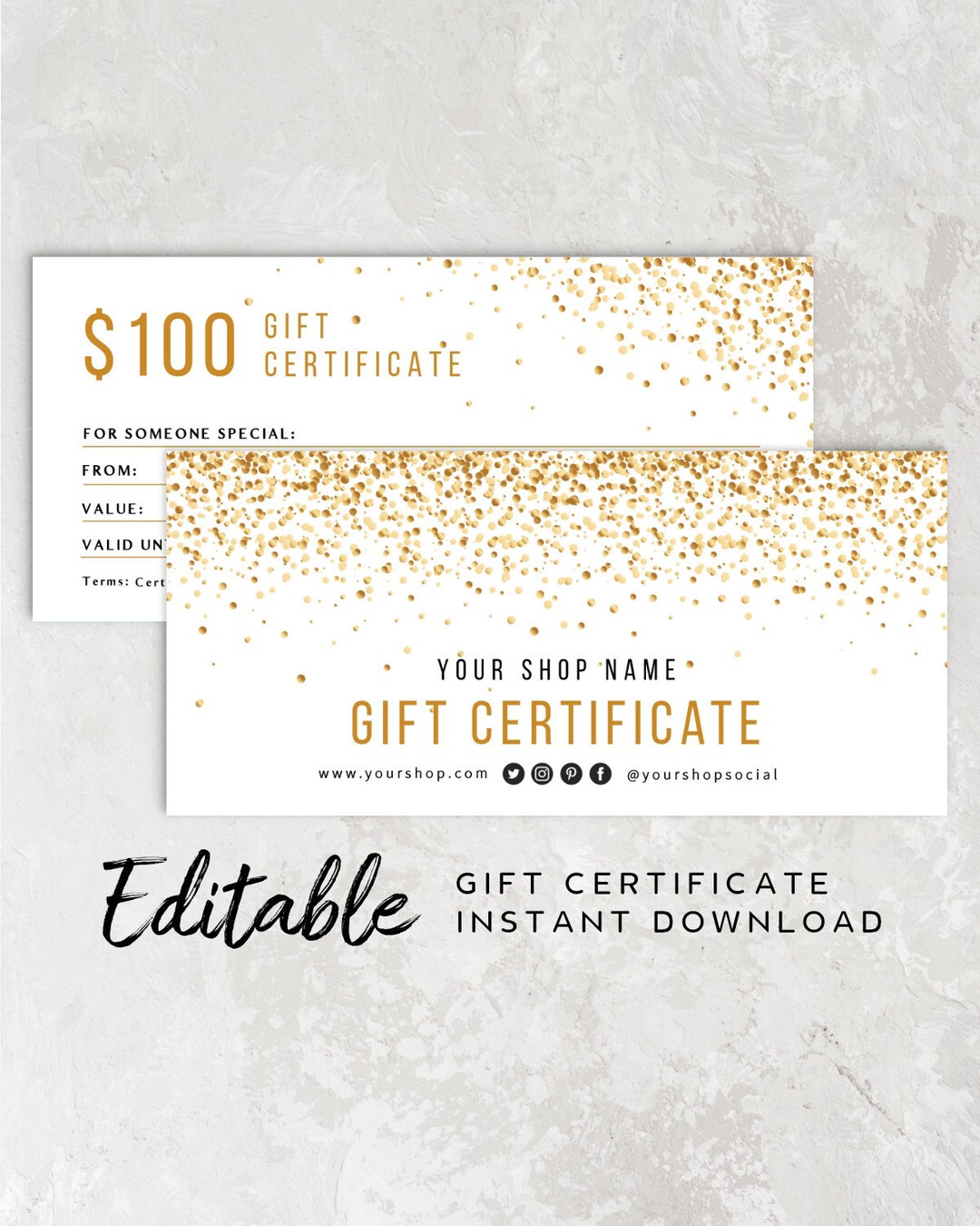 Gold Confetti Gift Card Printable - Gold Metallic Card Printable, Corjl ...