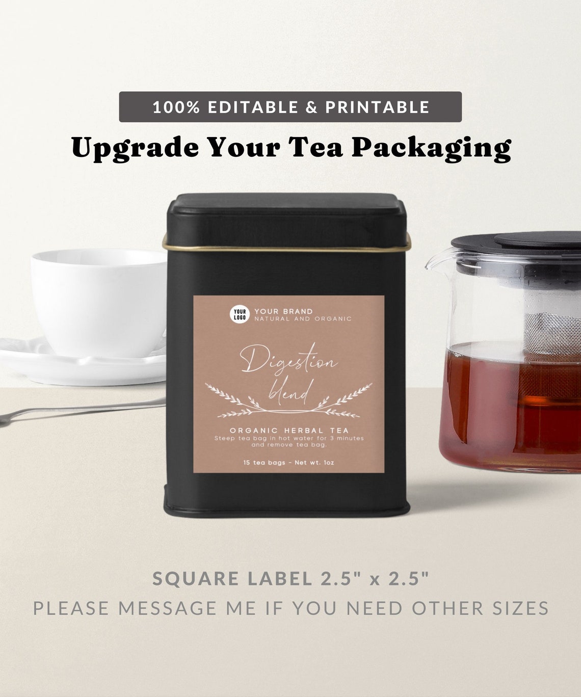 Editable Tea Branding Label - Botanical, Tea Tin Labels, Green Product ...