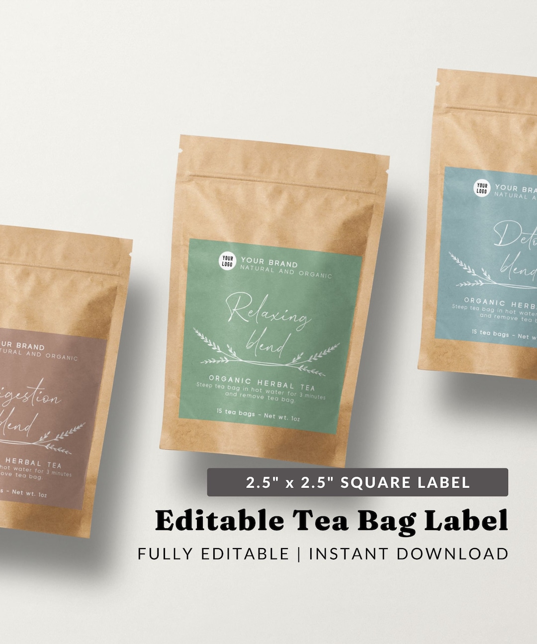 Editable Tea Branding Label - Botanical, Tea Tin Labels, Green Product ...