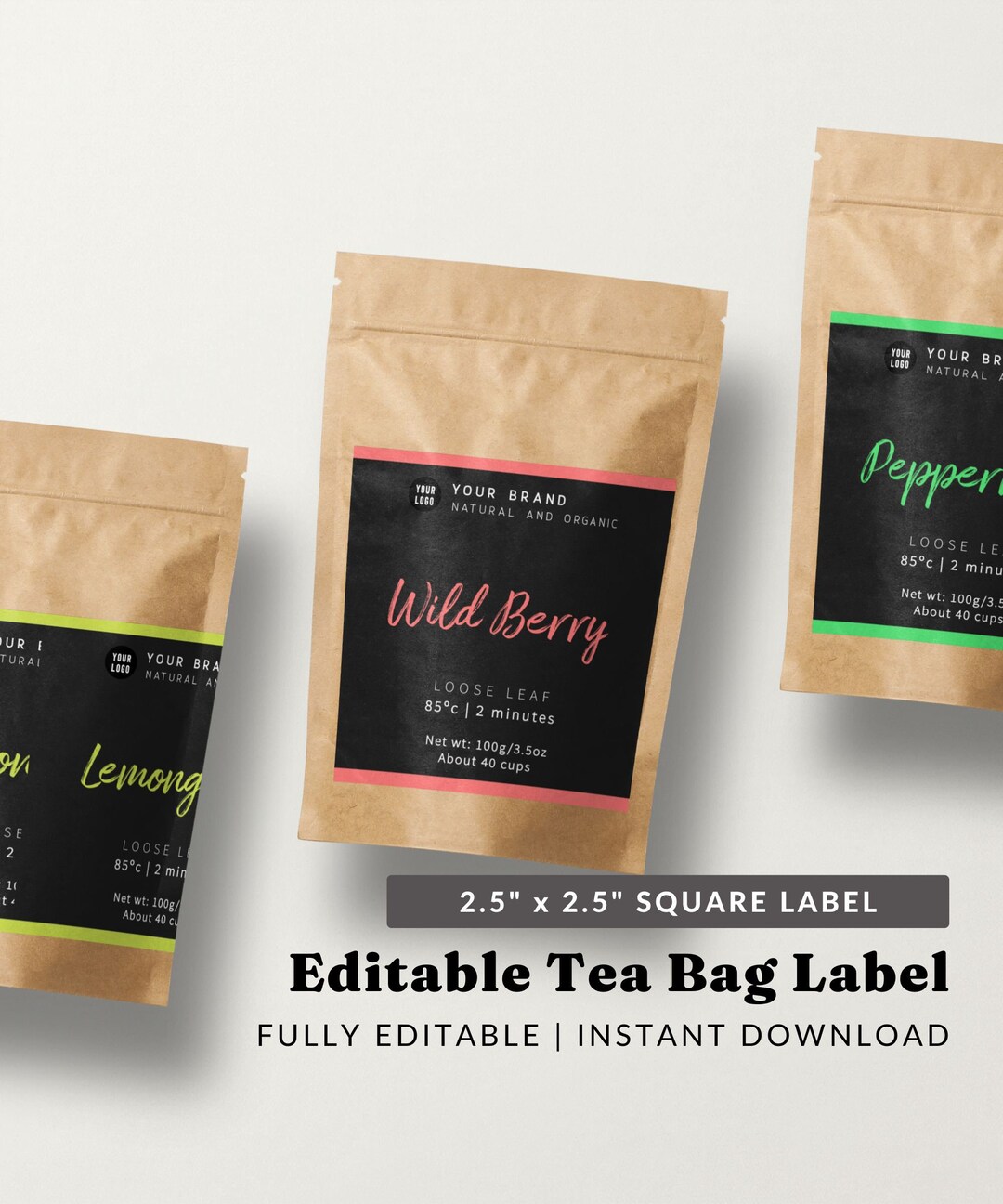 Printable Tea Bag Label Template - Black Product Label, Paper Pouch ...