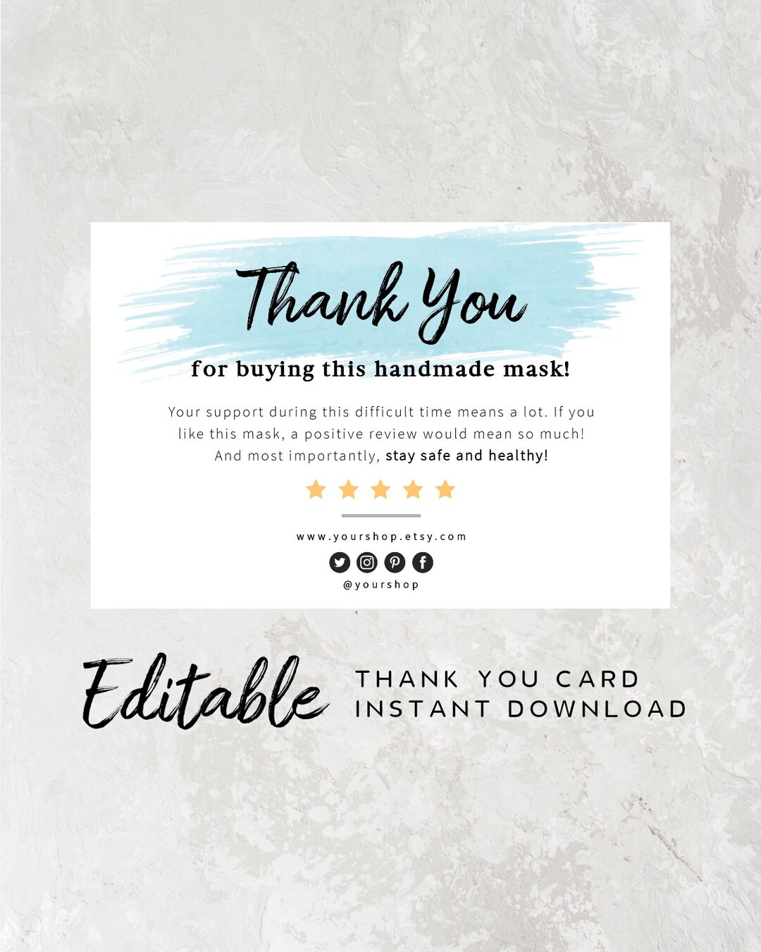 Blue Ready to Print Face Mask Card - Thank You Card, Face Mask Insert ...