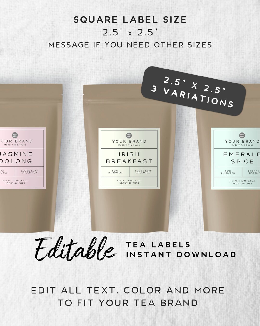 Custom Tea Packaging Label Template Printable Label Design, Square ...