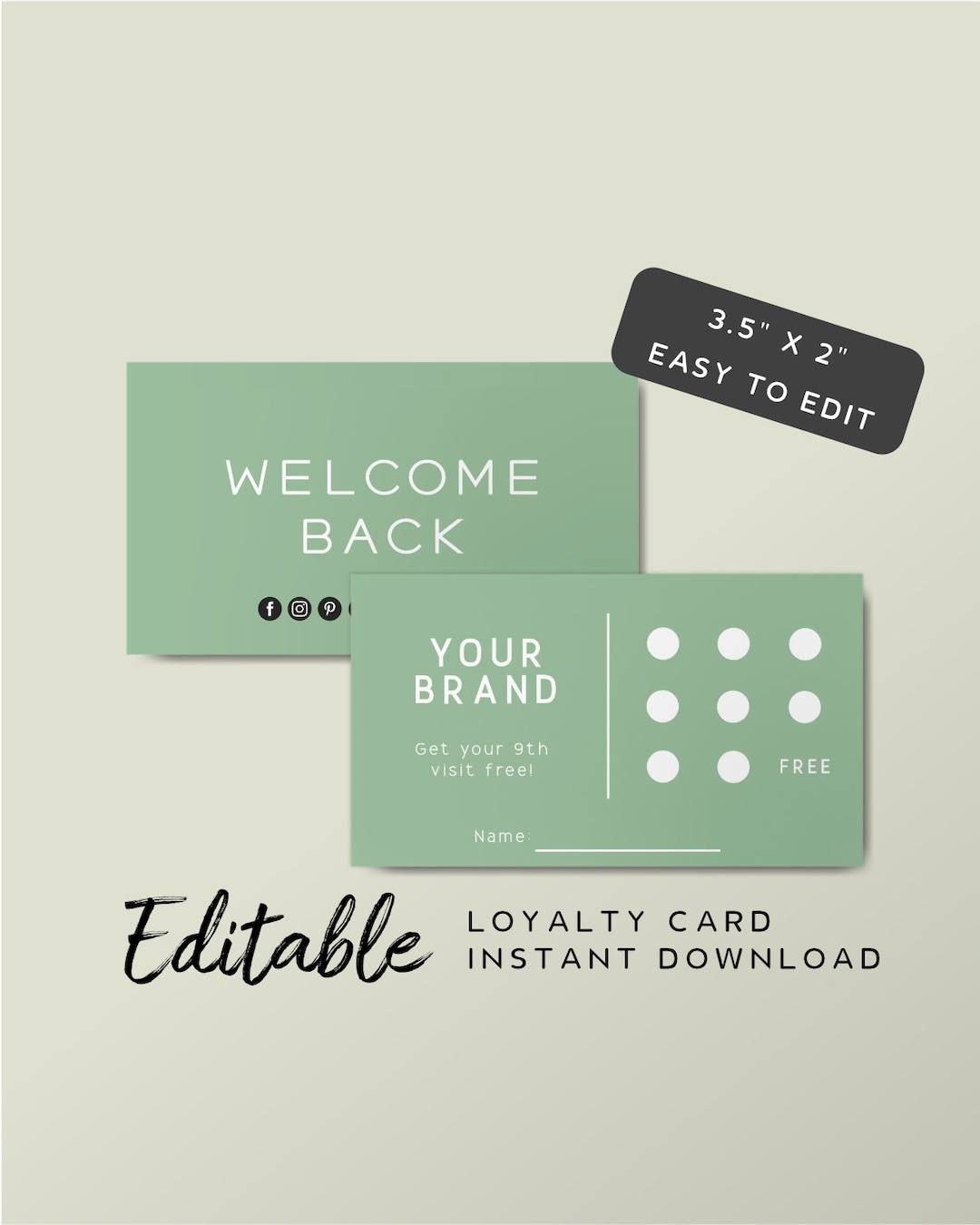 Printable Loyalty Card Template - Modern Rewards Card Green, Simple ...